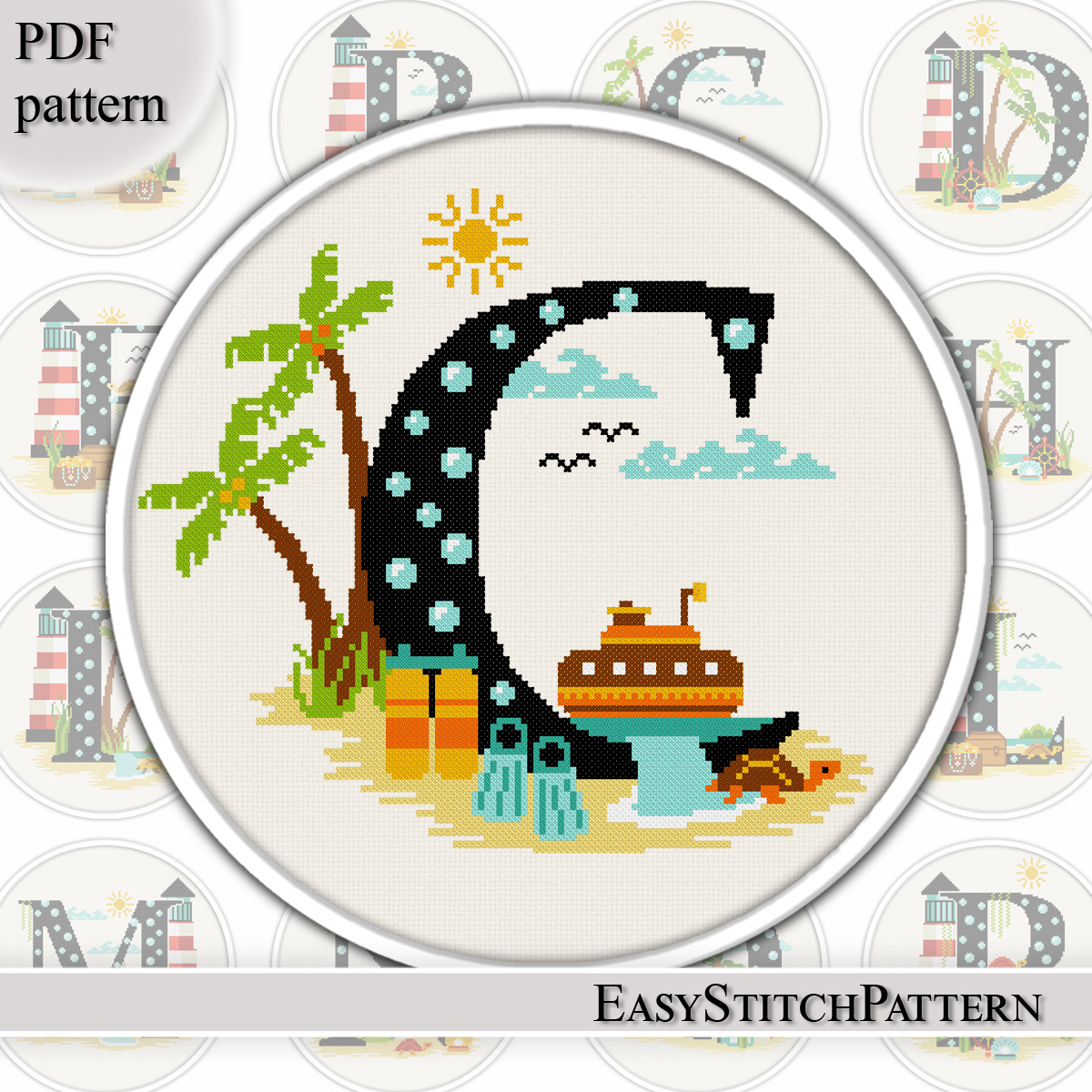 Sea monogram cross stitch pattern. Letter C cross stitch - Inspire Uplift