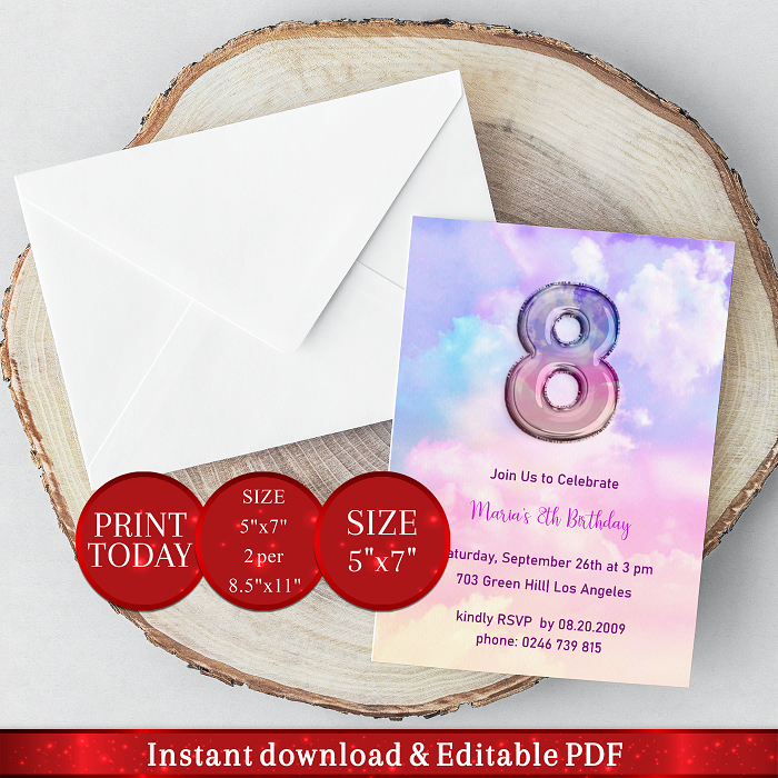 Editable 8th Birthday Invitation with rainbow sky balloon. | Inspire Uplift