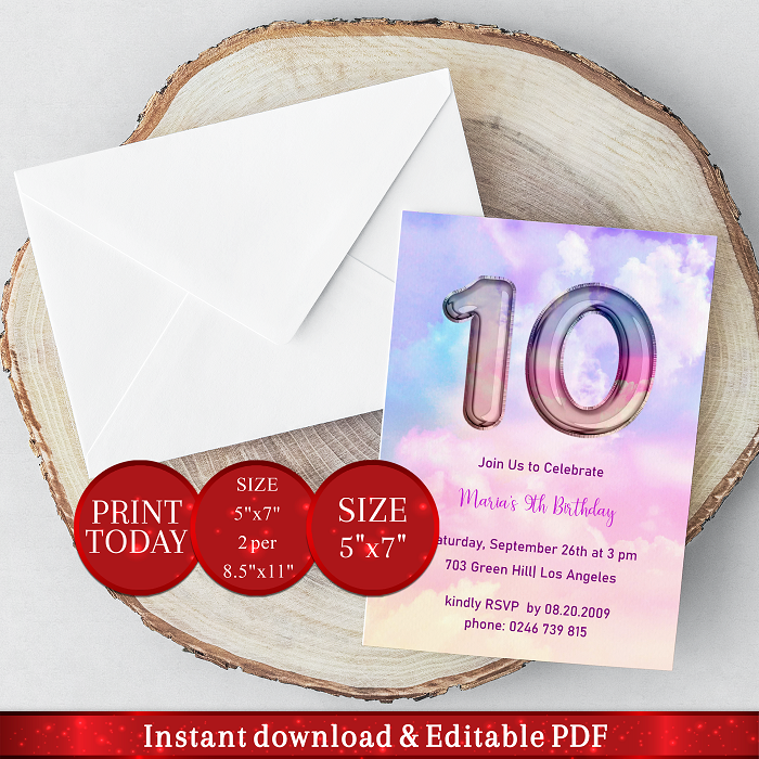 Editable 10th Birthday Invitation with rainbow sky balloon. | Inspire ...