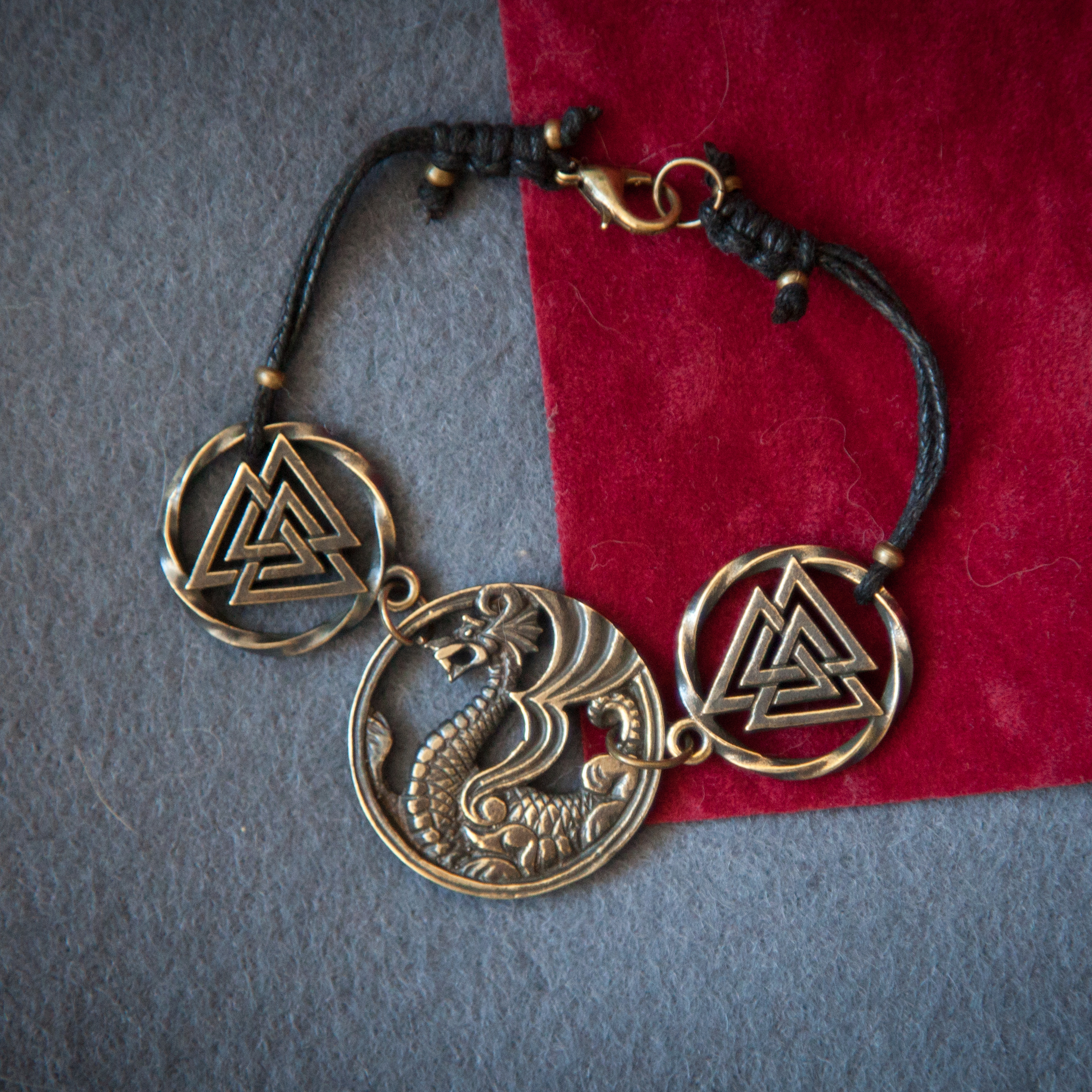 Viking bracelet with Dragon and Valknut sign on cotton rope | Inspire ...