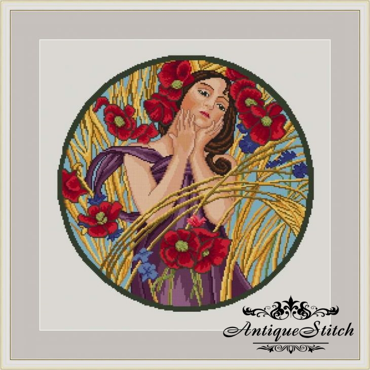 Alphonse Mucha August Cross Stitch Pattern PDF Art Nouveau | Inspire Uplift