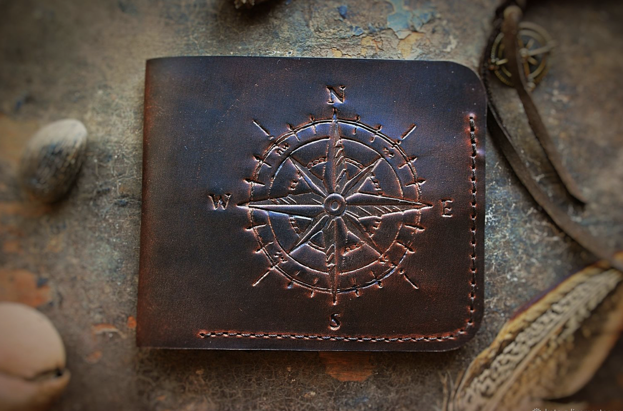 Compass Windrose Full Grain Bifold Men Women Leather Wallet | Inspire ...