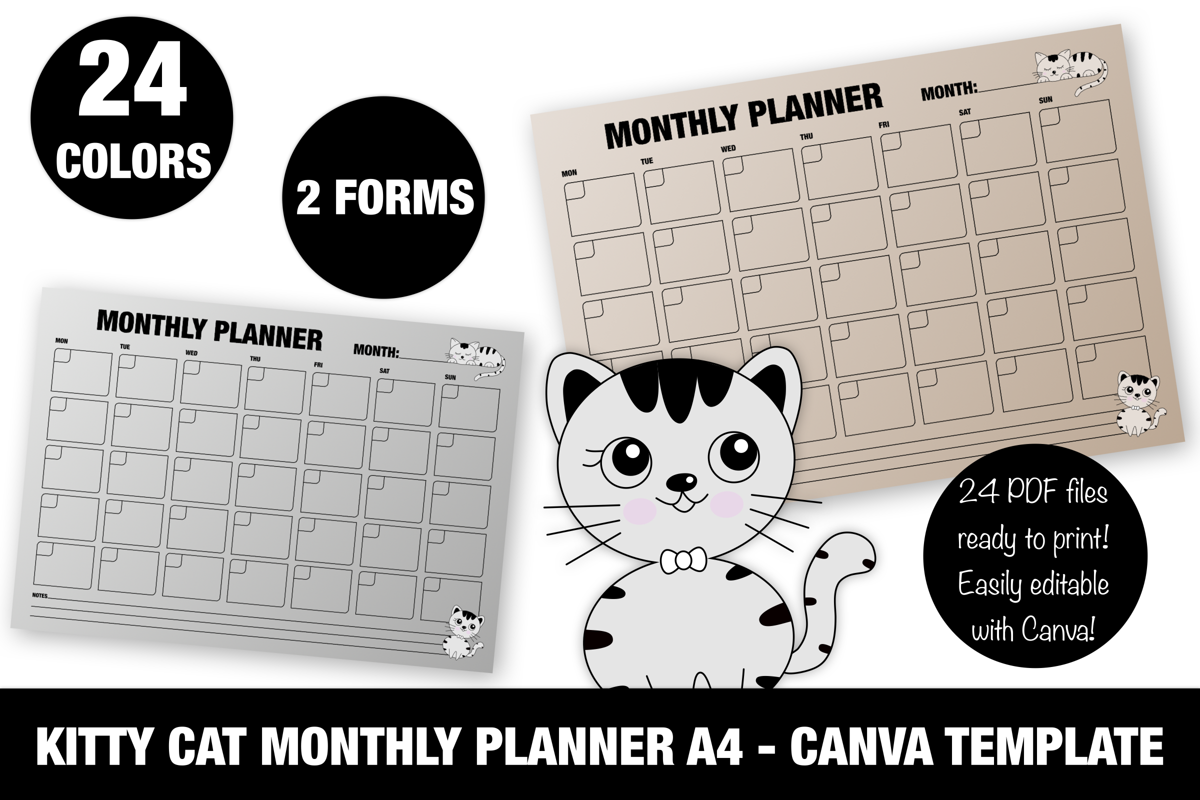 Kitty cat monthly planner A4 - Canva template | Inspire Uplift