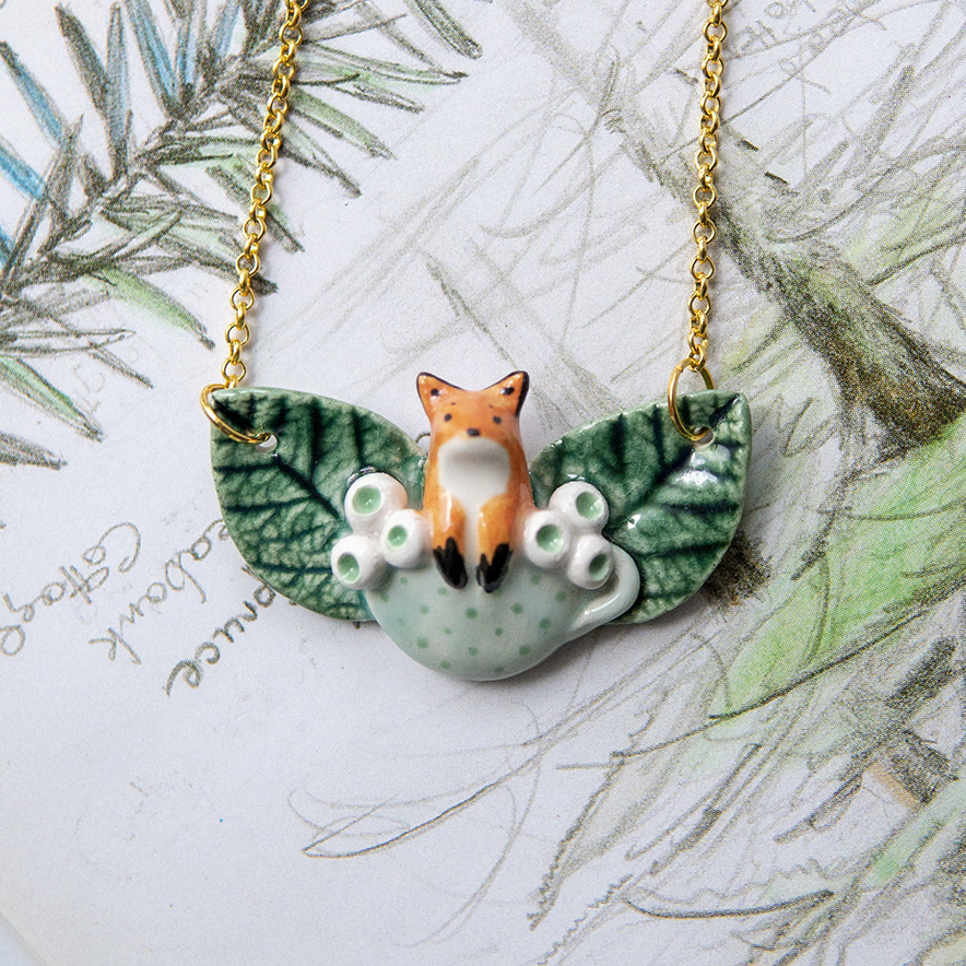 Cute ceramic fox in tea cup necklace Whimsical porcelain fox | Inspire ...