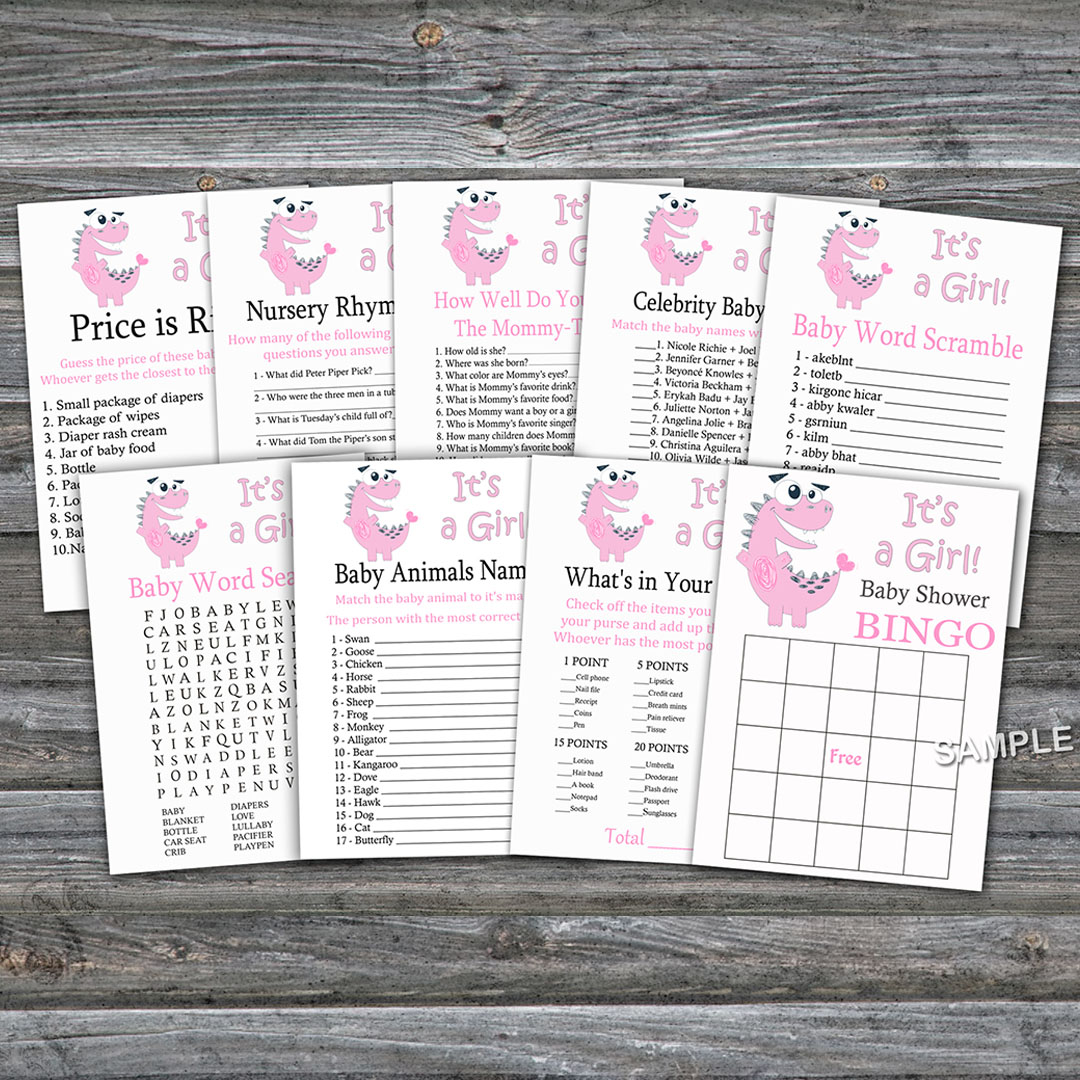 Pink Dinosaur baby shower games bundle,Dino Baby Shower game | Inspire ...