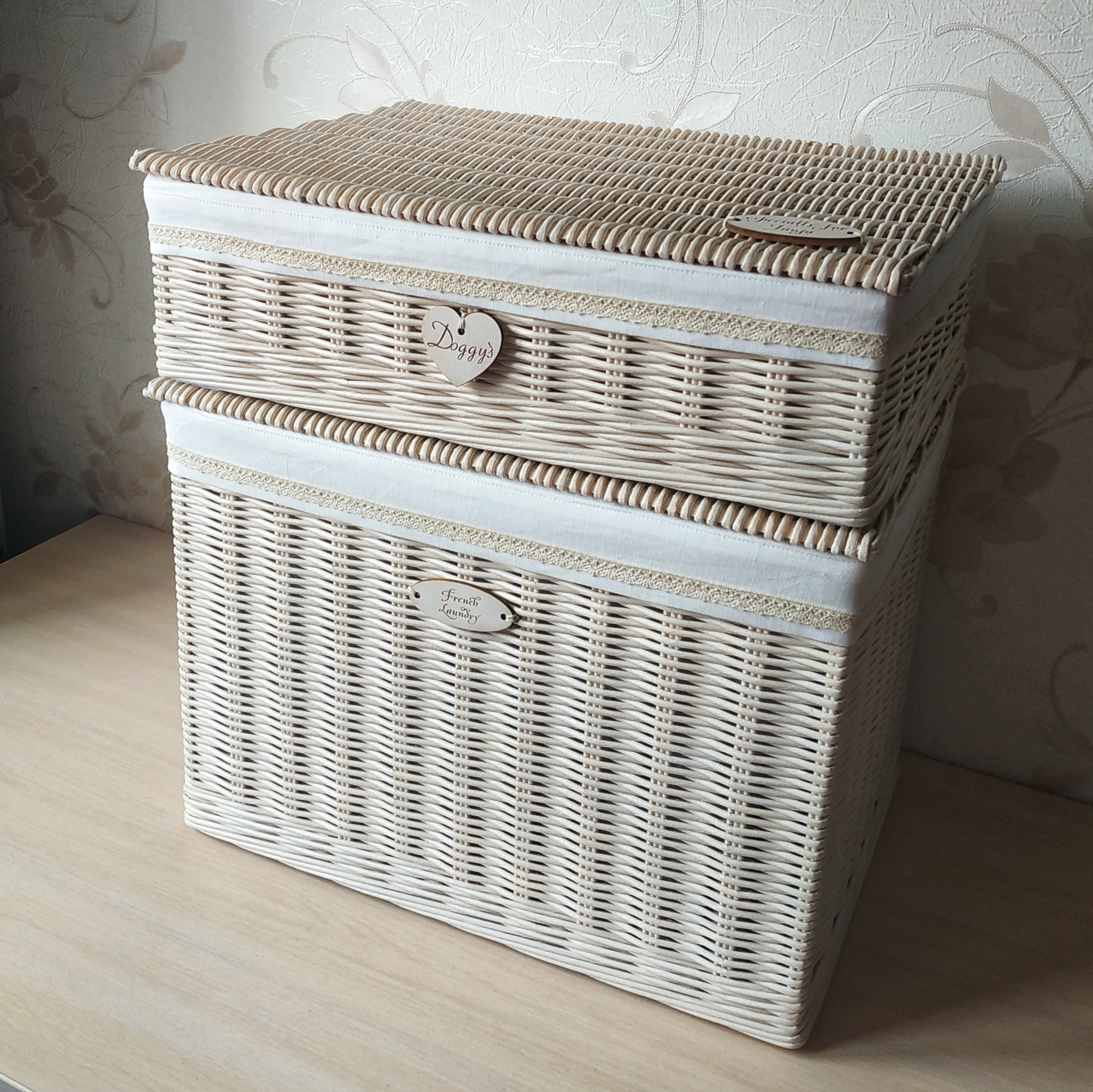 Set of 2 Wicker beige square baskets with lid, Baskets for d - Inspire ...