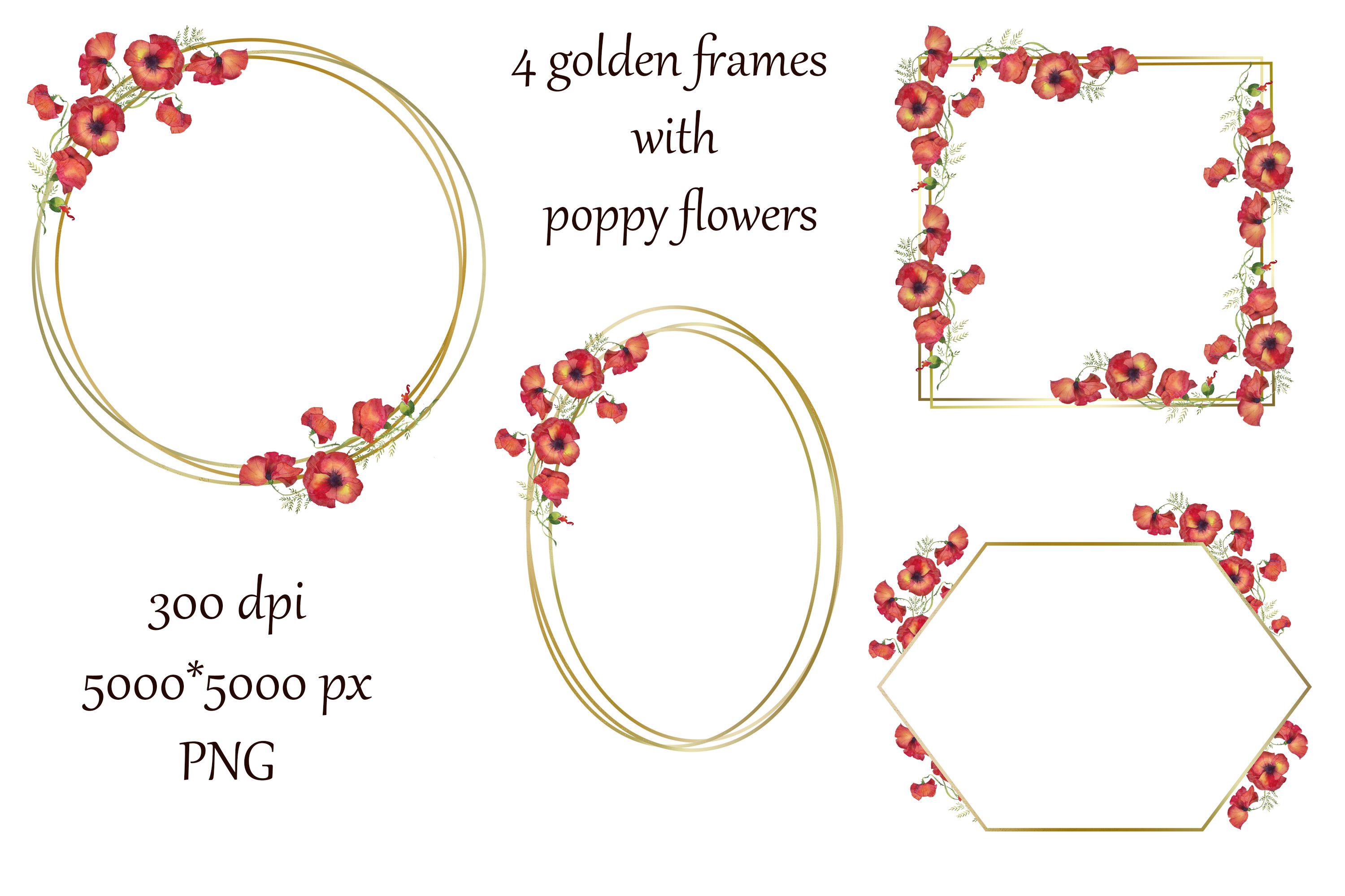 golden frames with watercolor red poppies flowers - Inspire Uplift