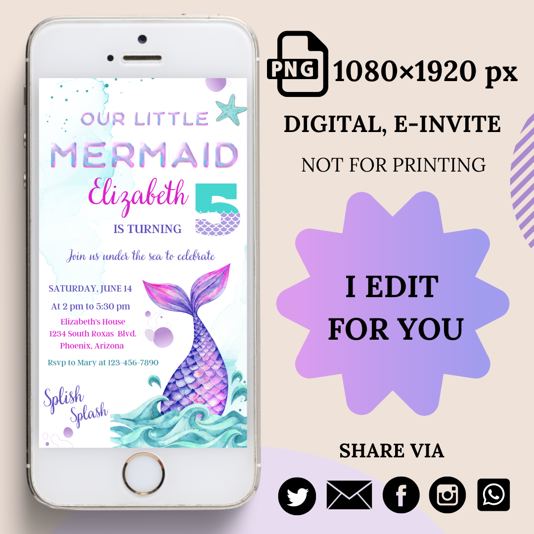 Mermaid digital Invitation, Girls birthday Invitation, Merma | Inspire ...