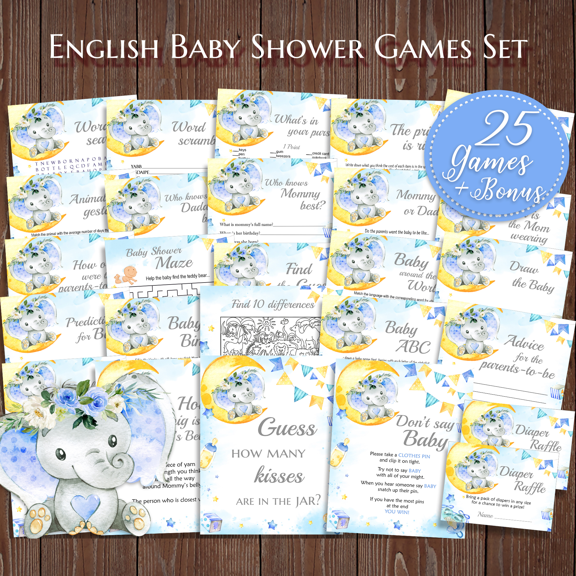 Elephant Baby Shower Games Bundle, Boy Elephant Baby Shower | Inspire ...
