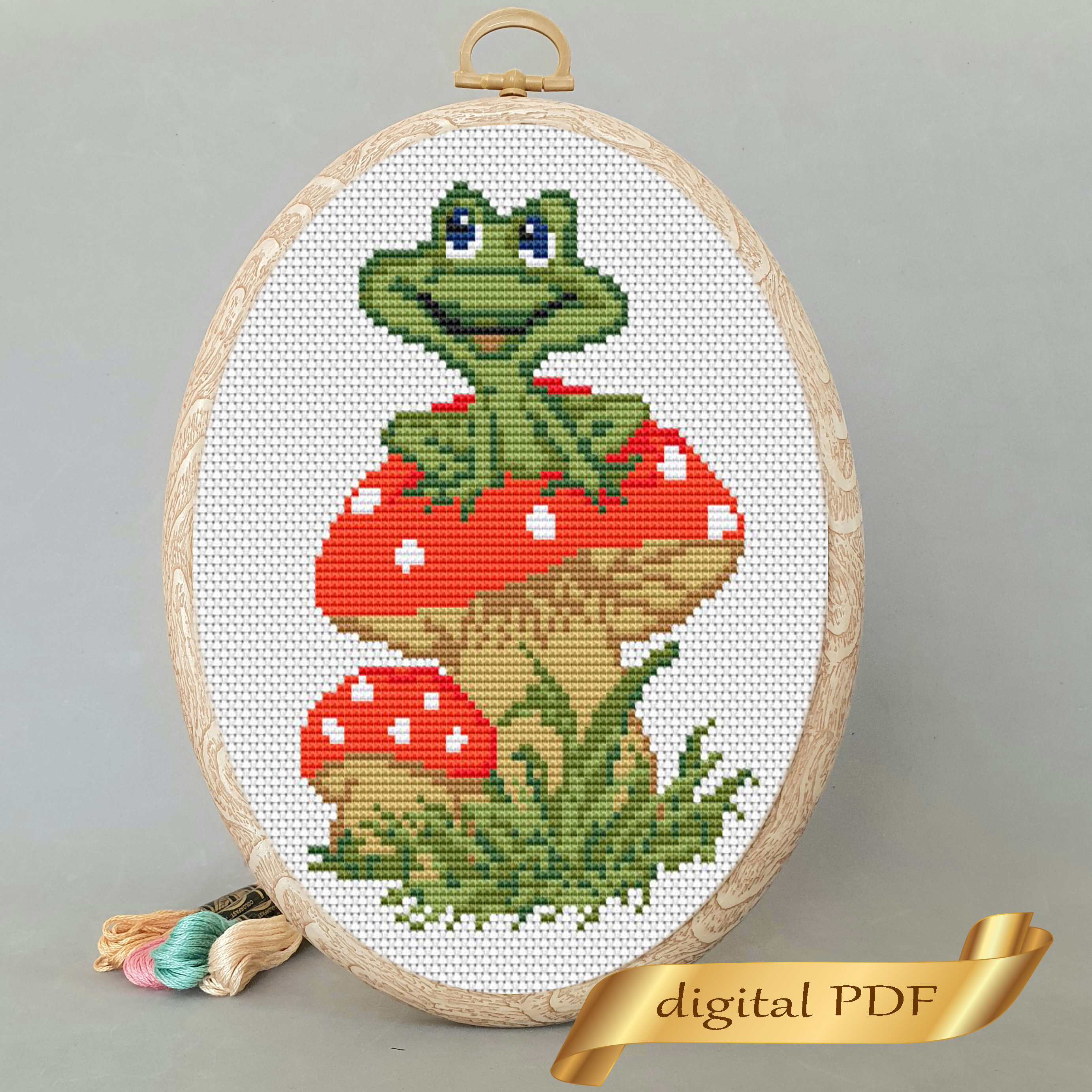 Frog on a mushroom pattern pdf cross stitch, animals embroid | Inspire ...