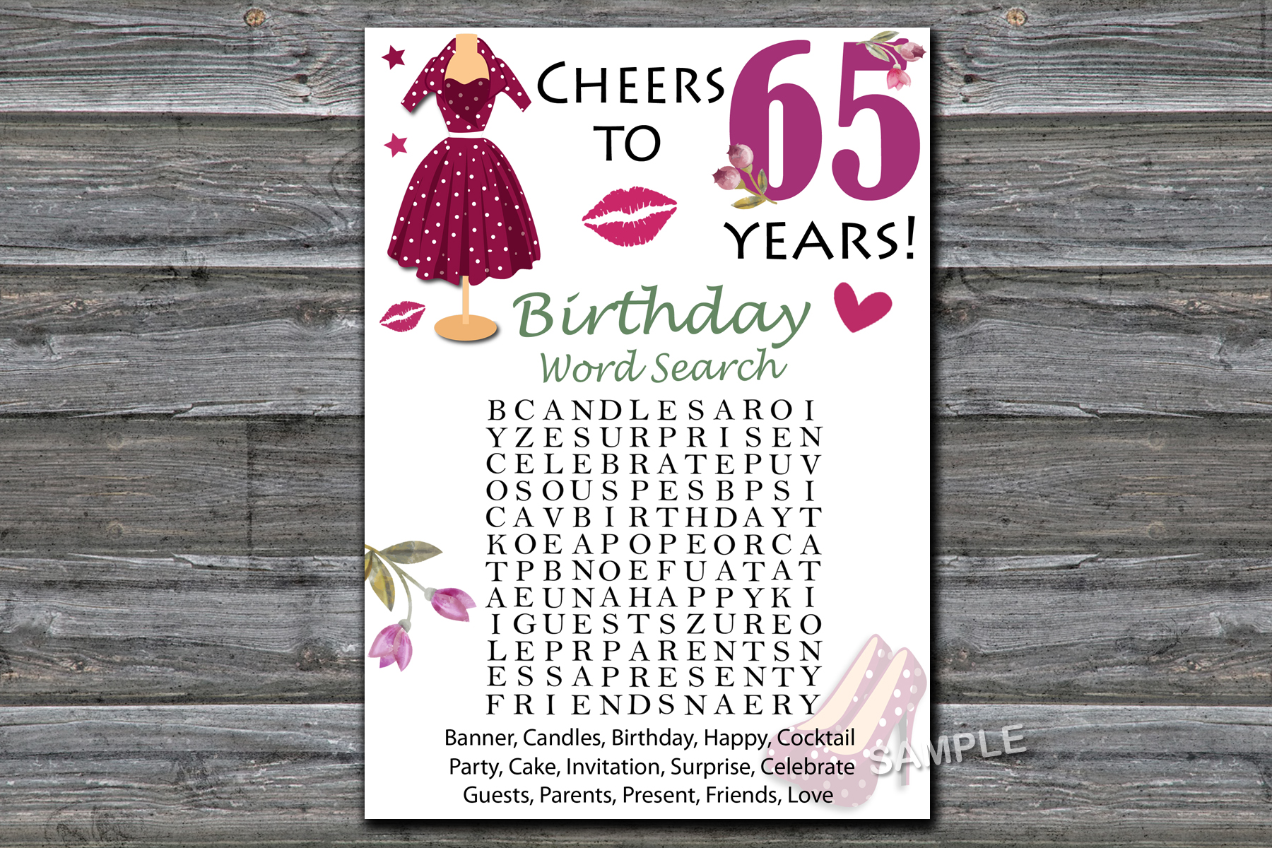 65th Birthday Word Search Game,Adult Birthday party game-fun | Inspire ...