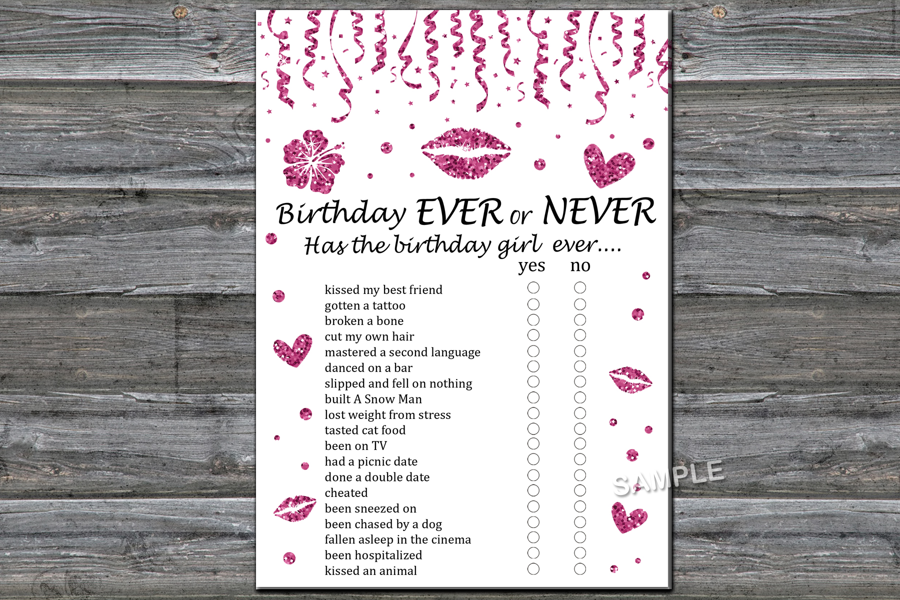 Pink glitter Birthday ever or never game,Adult Birthday part - Inspire ...