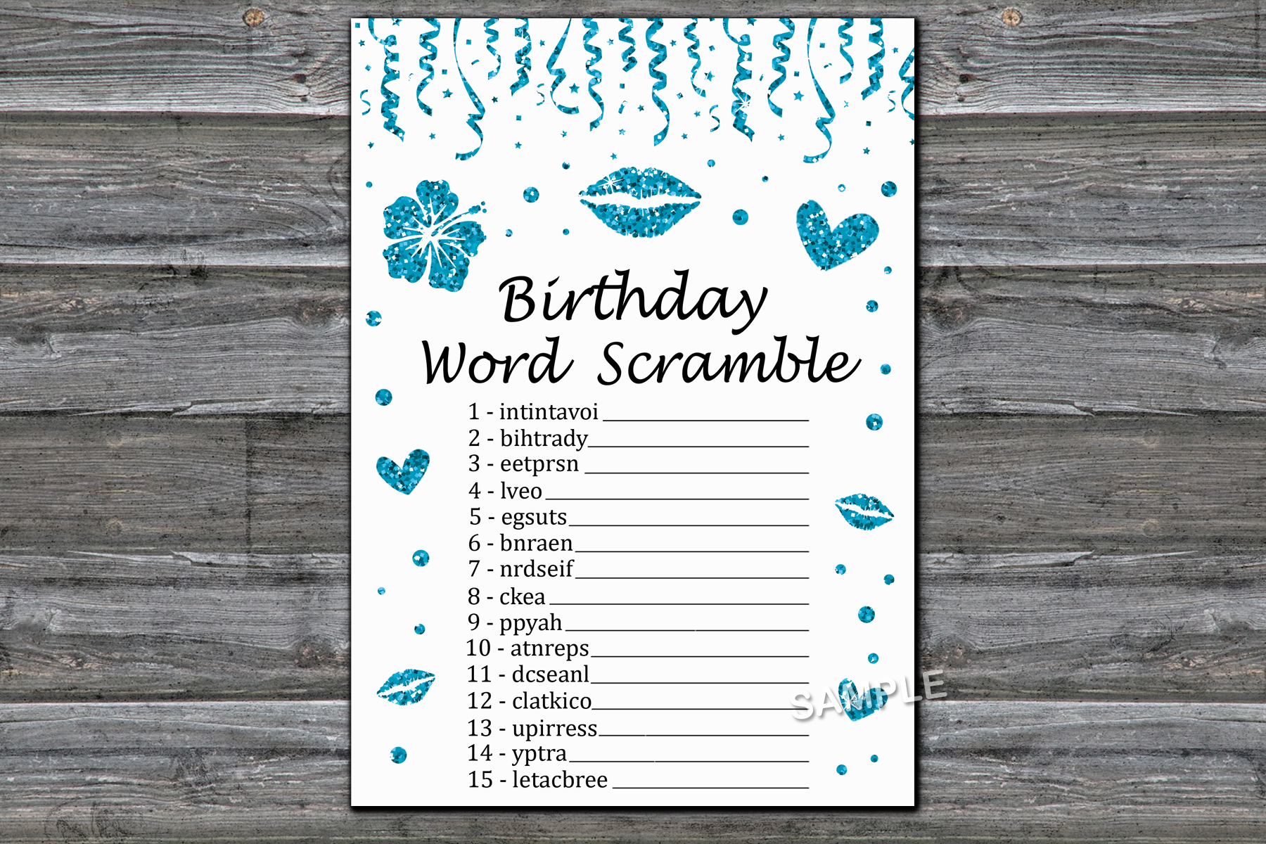 Blue glitter Birthday Word Scramble Game,Adult Birthday part | Inspire ...