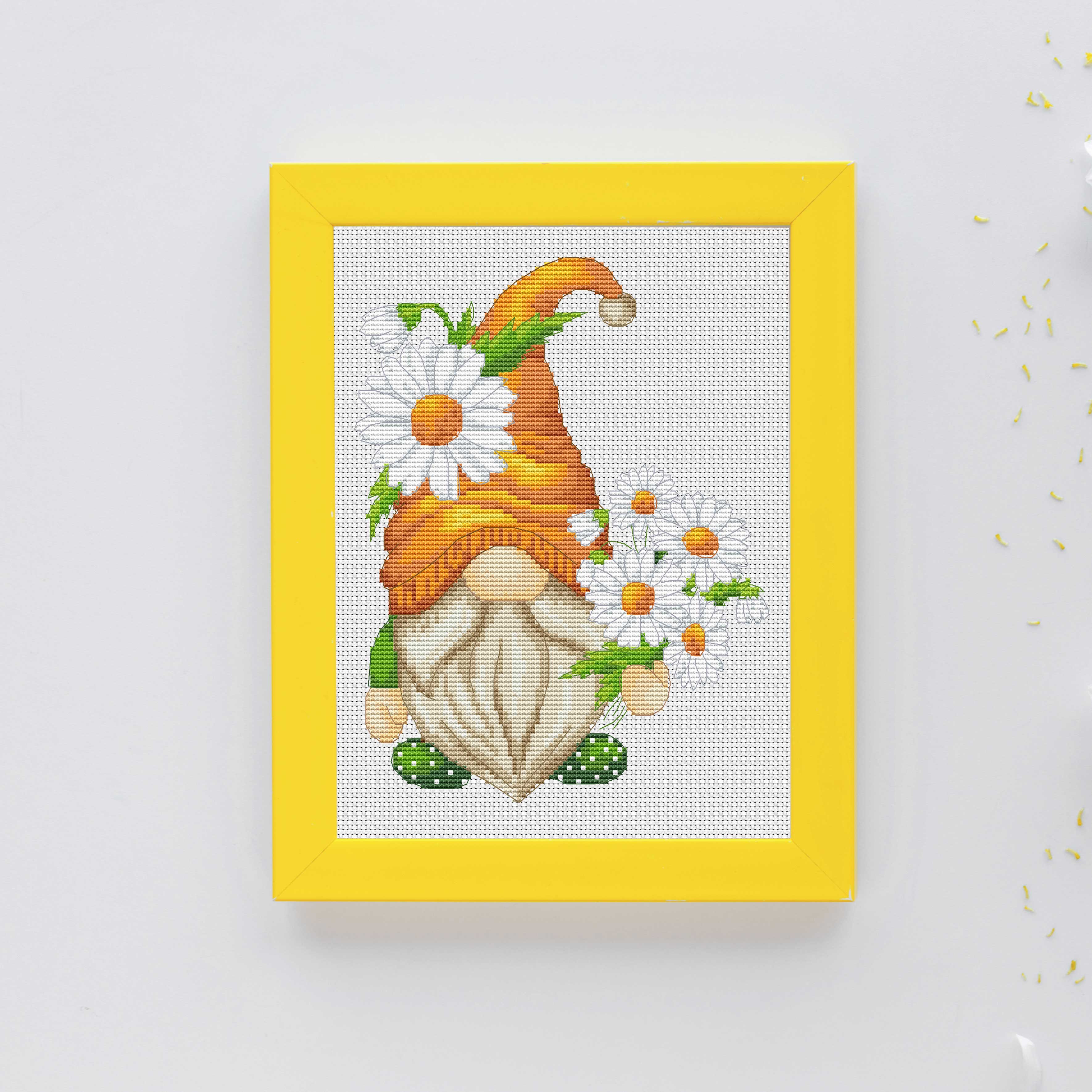 Gnome with daisies, Gnome cross stitch, Floral cross stitch, | Inspire ...