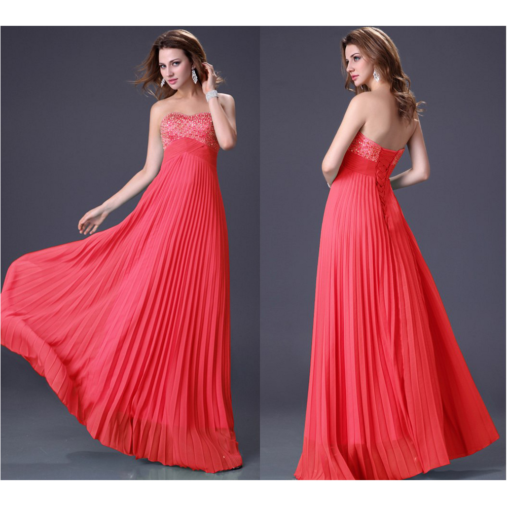 Red pleated flared dress, prom dress, sequins party dress | Inspire Uplift