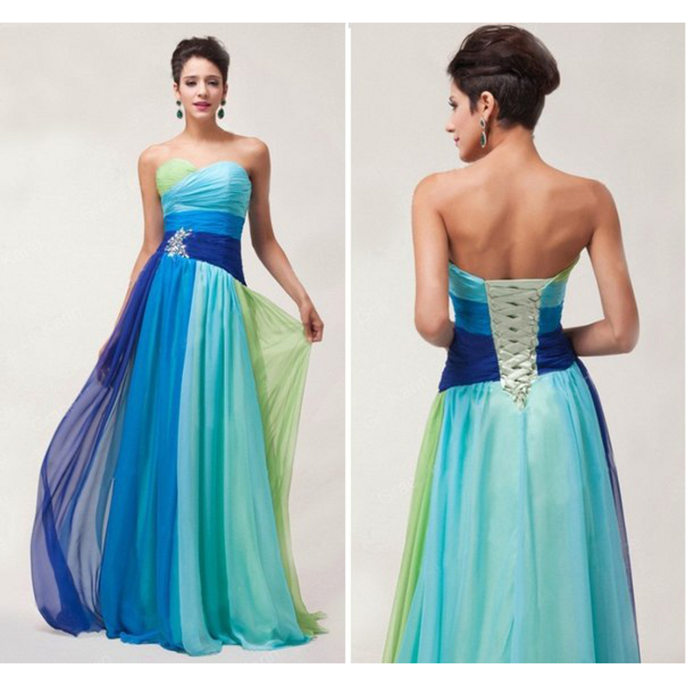Turquoise Prom Dress A-line Chiffon Satin Beaded Party Gowns | Inspire ...