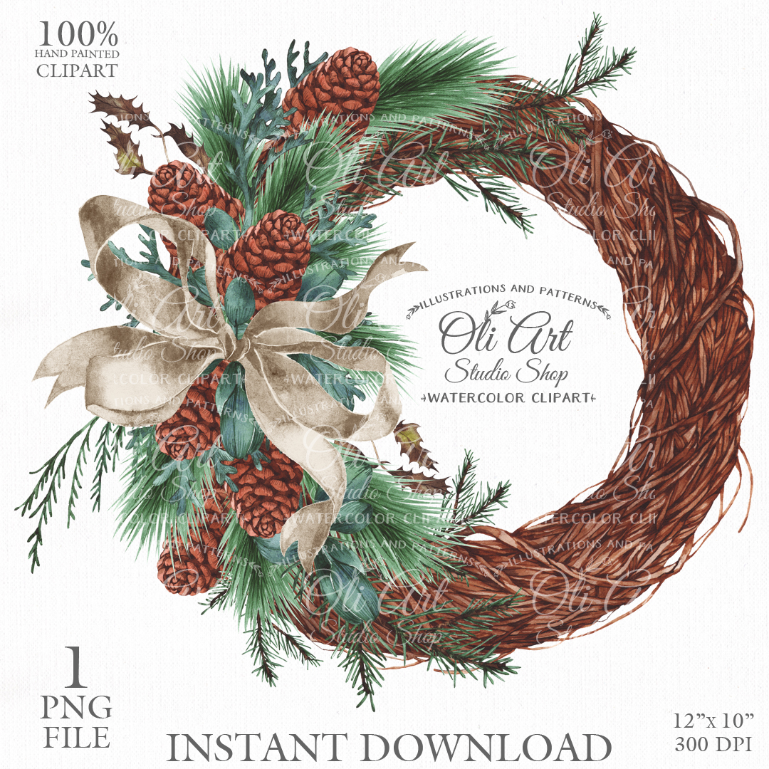 Merry Christmas Wreath Clip Art. Digital Clipart, Hand Drawn | Inspire ...