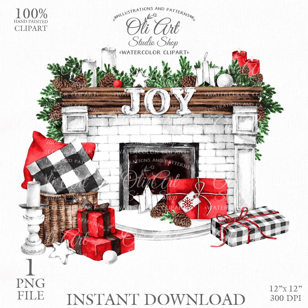 Merry Christmas Fireplace Clip Art. Digital Clipart, Hand Dr | Inspire ...