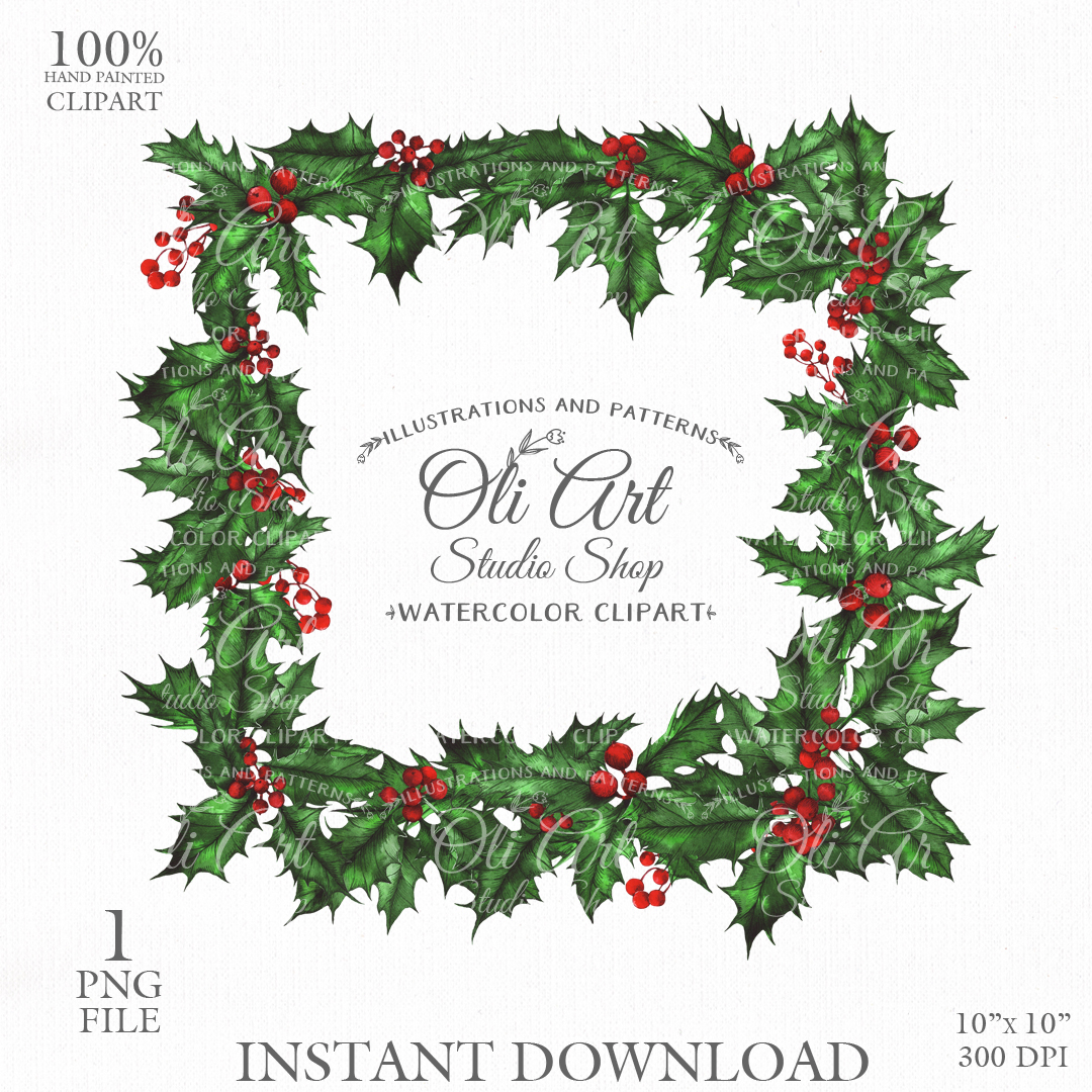 Merry Christmas Wreath Clip Art. Winter Leaves. Digital Clip | Inspire ...