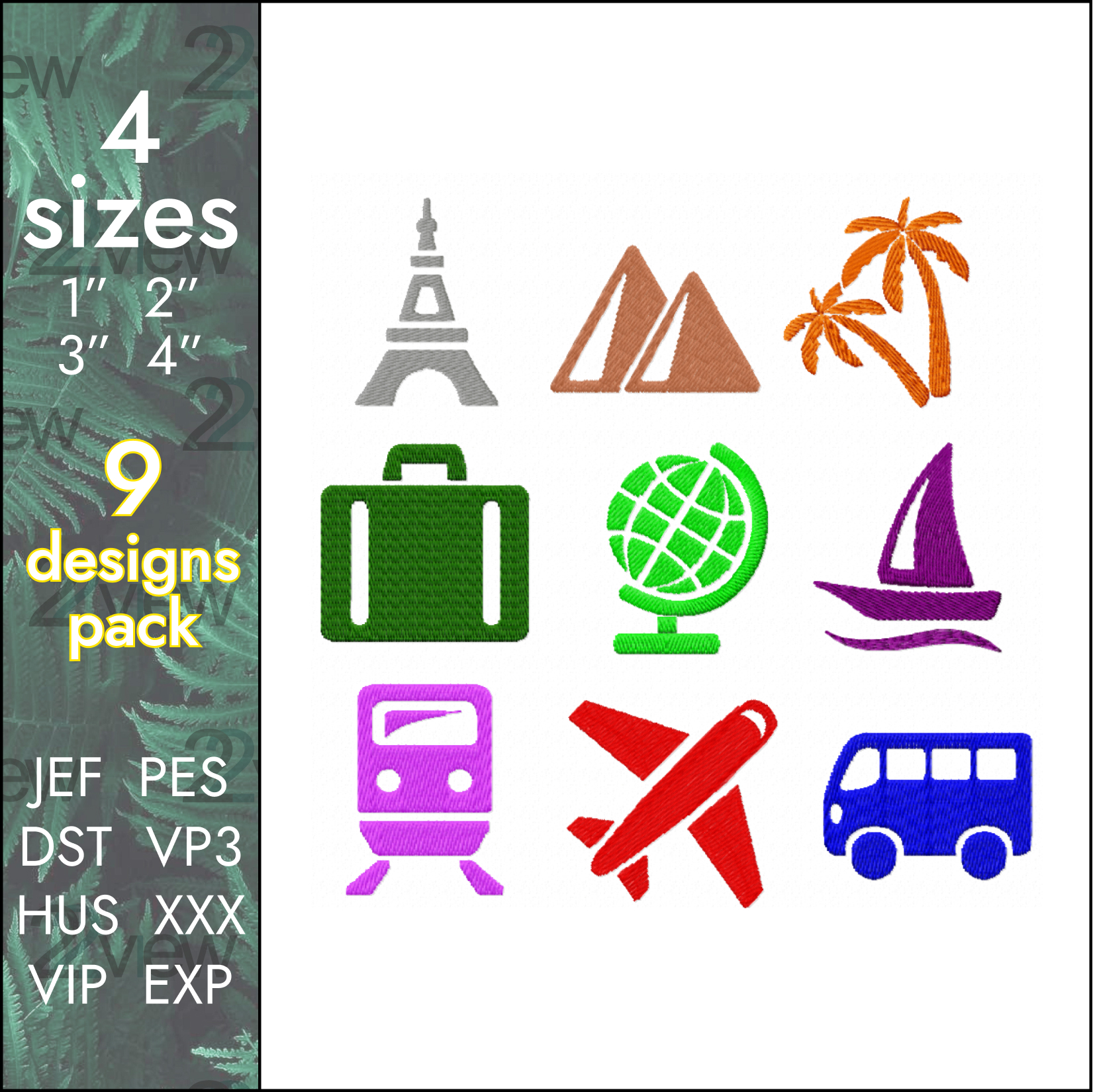 Traveler Embroidery Design pack, 9 travel designs, 4 sizes | Inspire Uplift