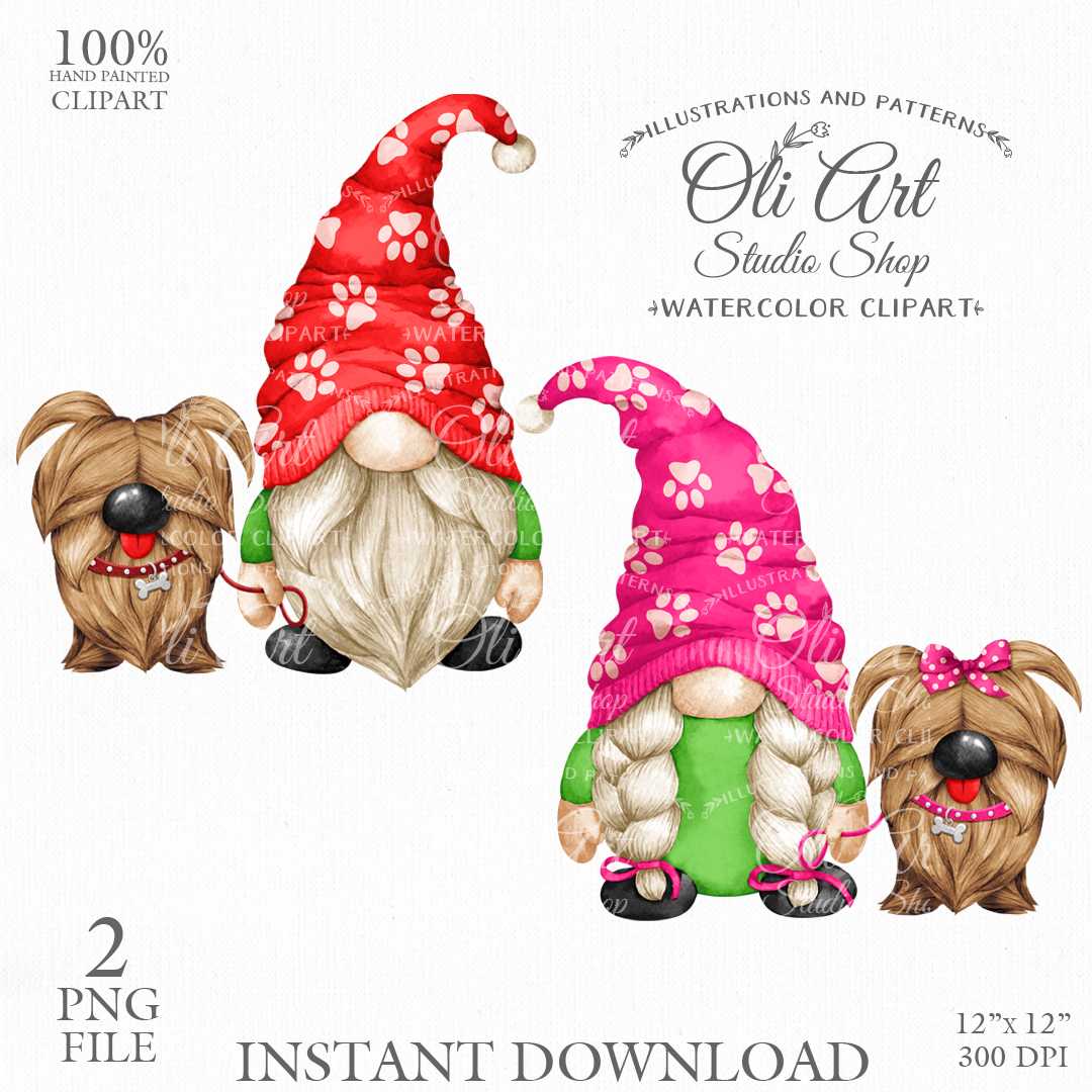 Gnome Walking the Dog Clip Art. Cute Characters. Hand Drawn - Inspire ...