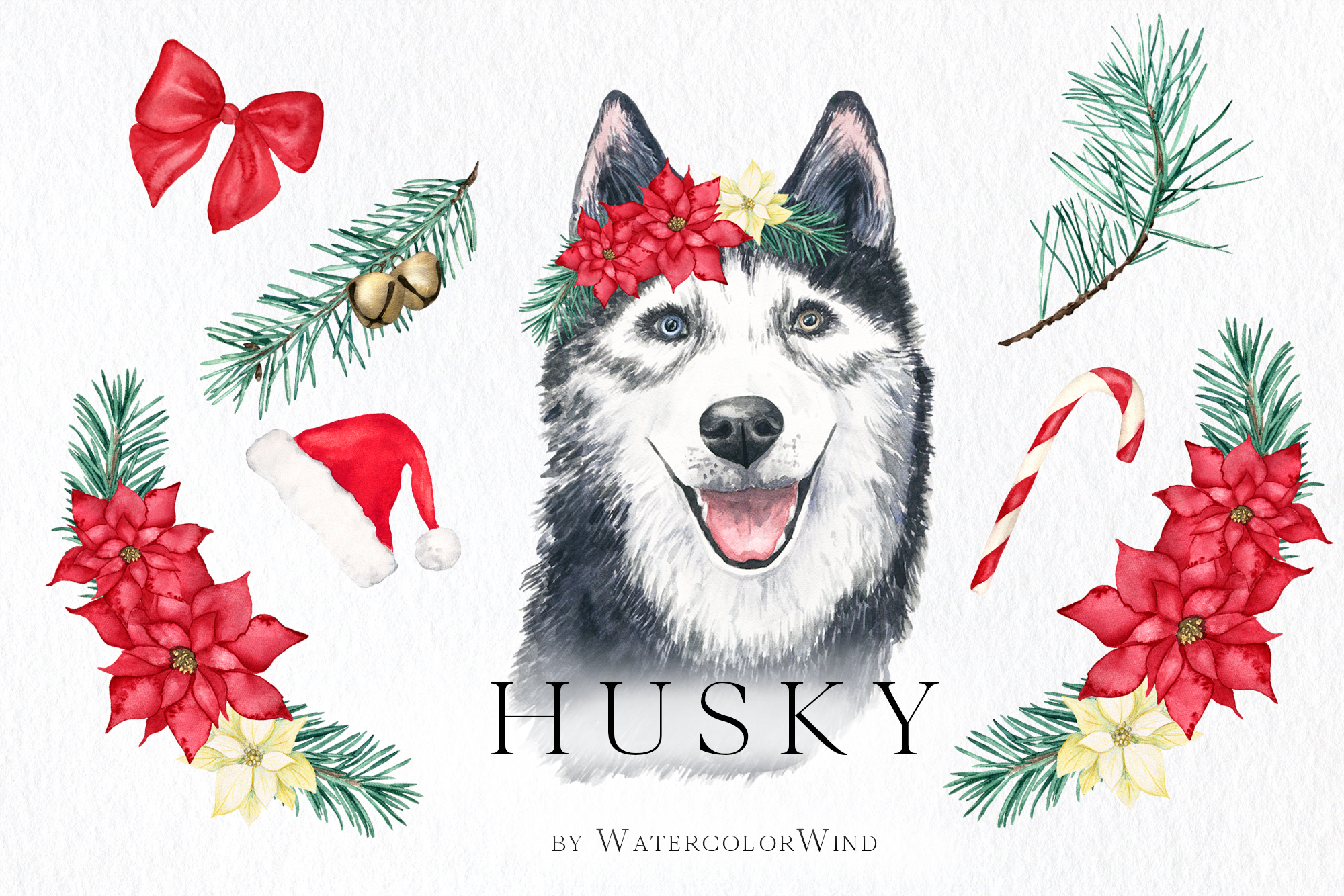 Watercolor Christmas Husky Dog Clipart New Year Clip Art For | Inspire ...