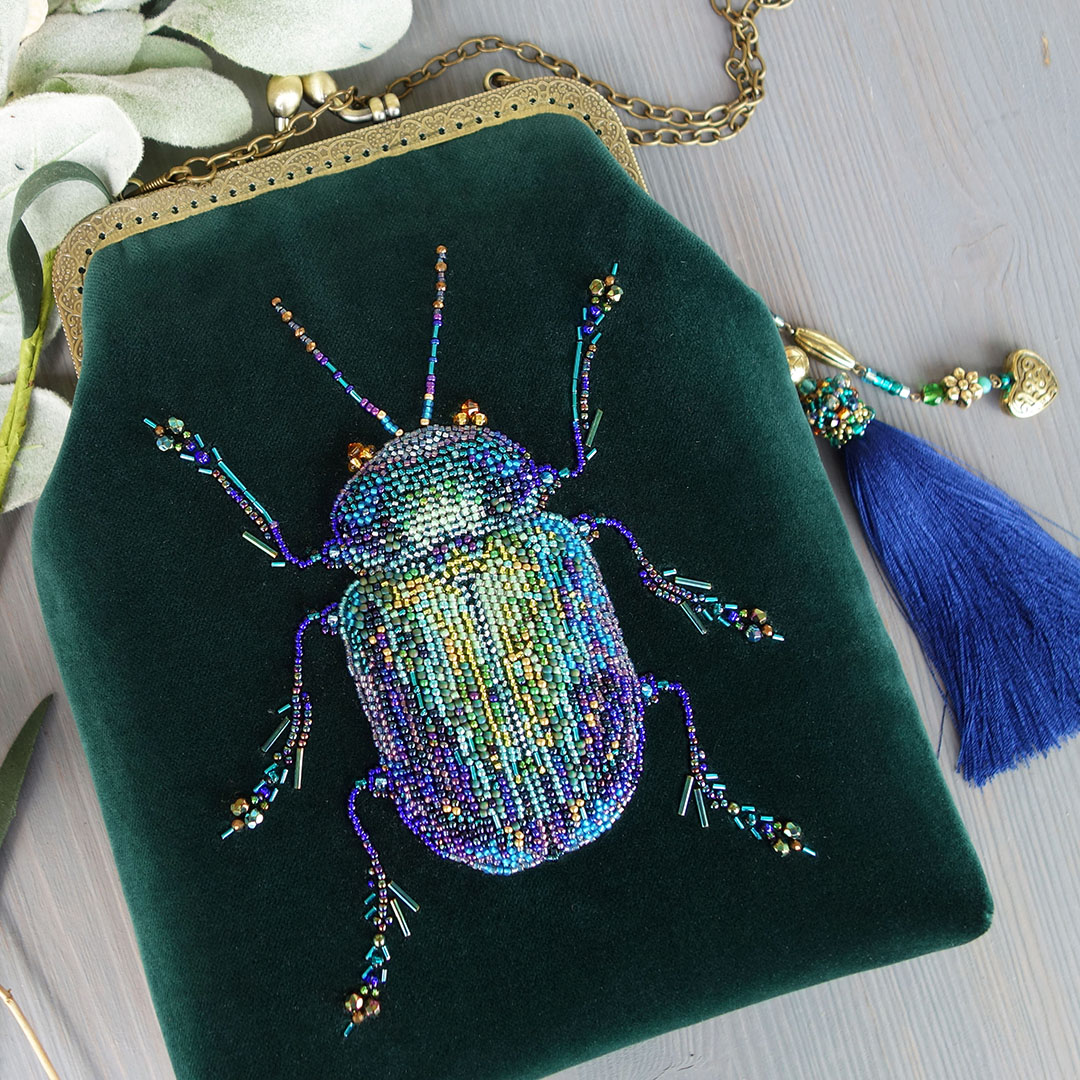 Scarab on emerald green velvet beaded crossbody bag - Inspire Uplift