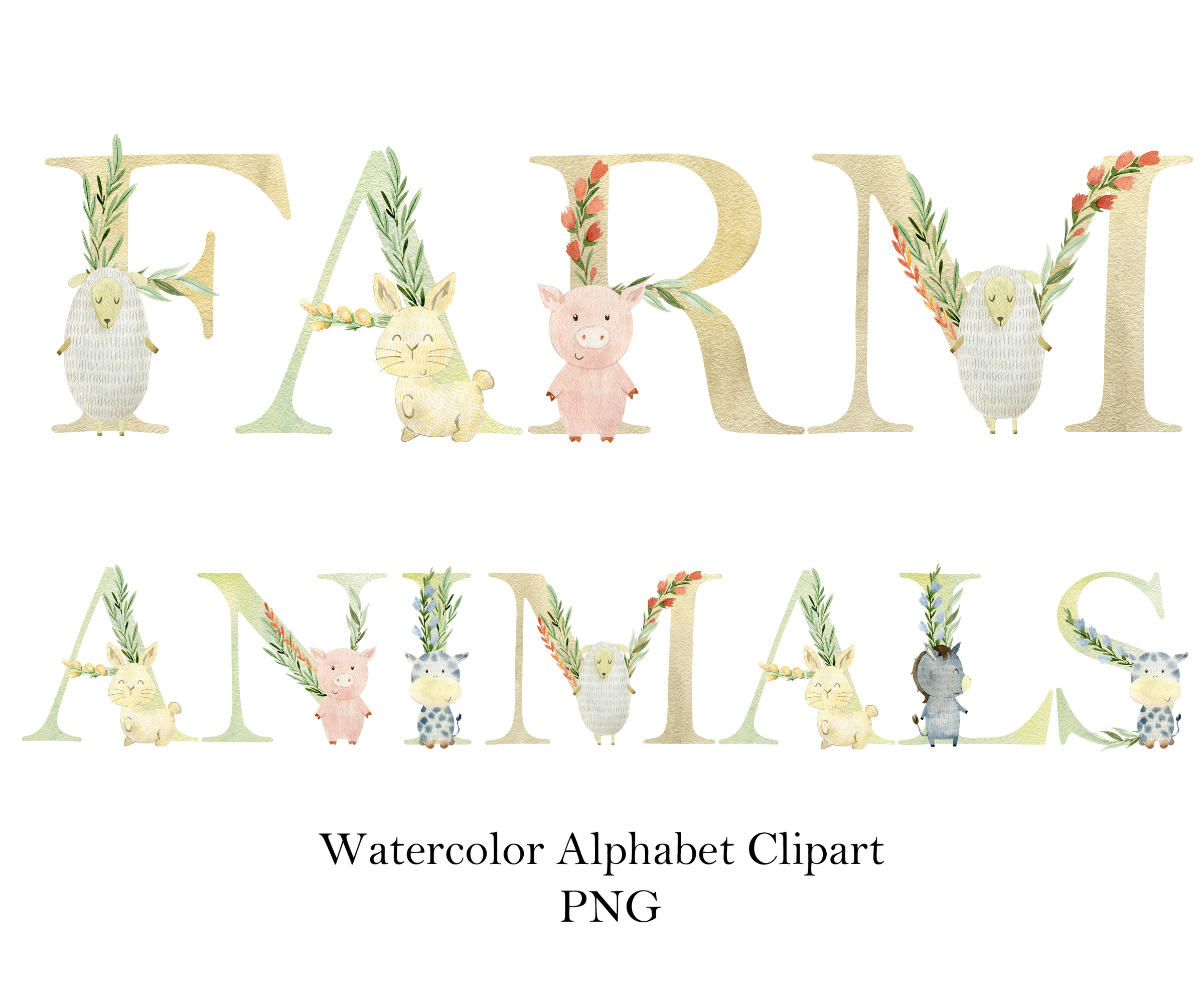 Watercolor farm, animals alphabet, letter wall decor. | Inspire Uplift