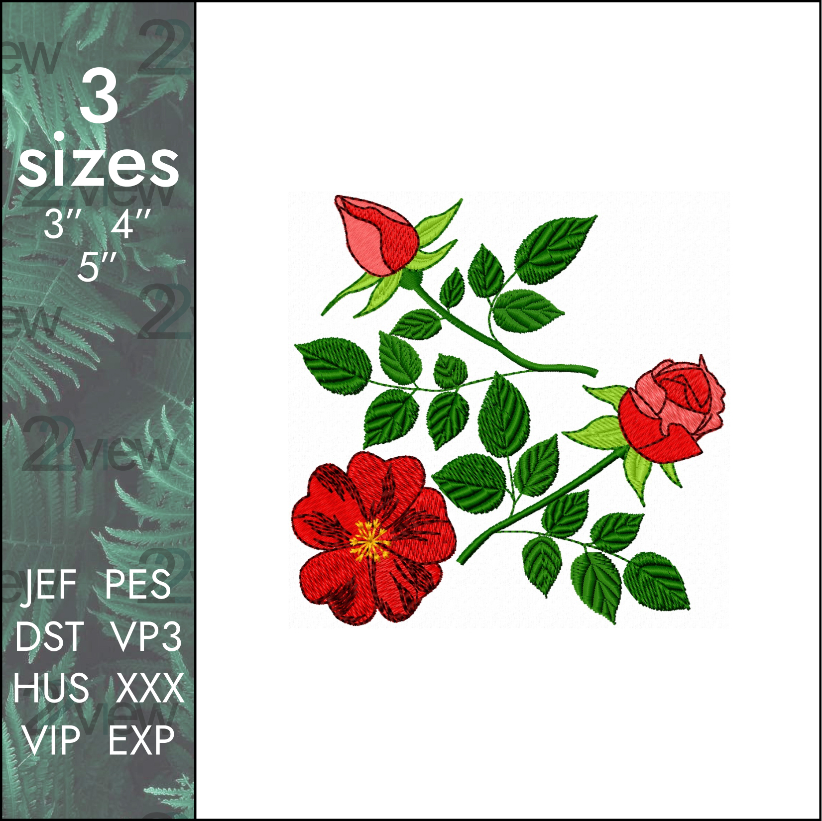 Roses Embroidery design, romantic rose flowers, green red | Inspire Uplift