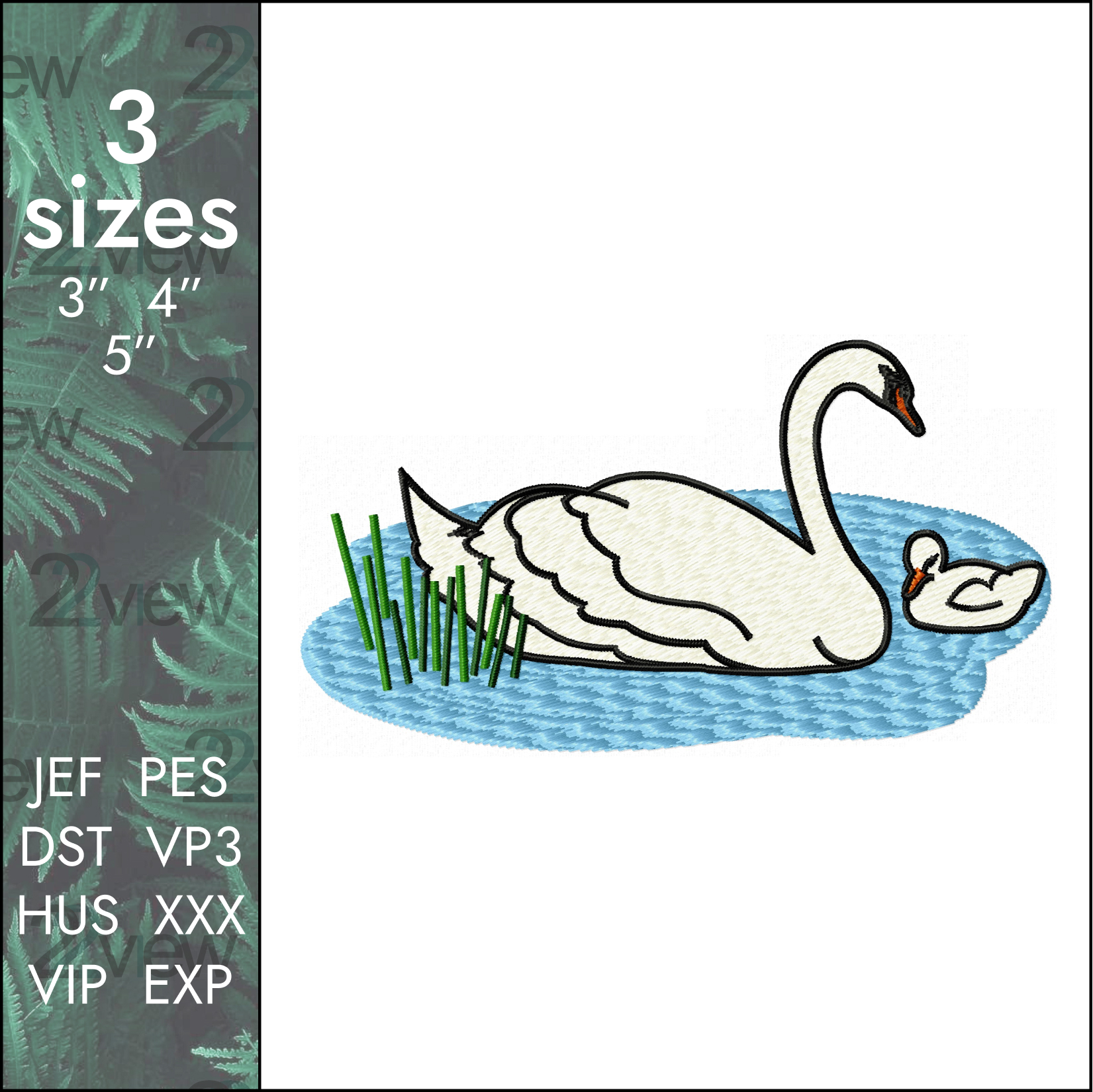 Swan Embroidery Design, white birds on the lake, 3 sizes | Inspire Uplift