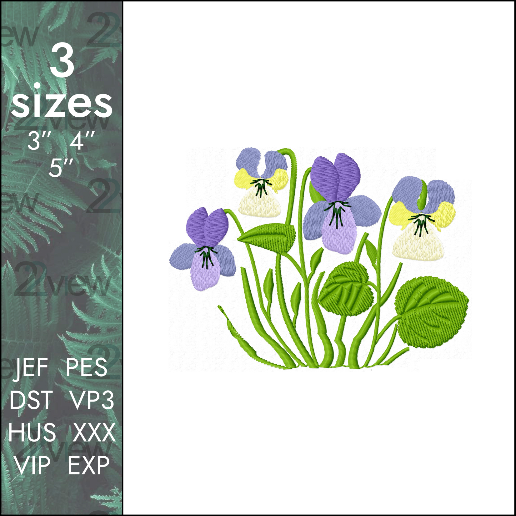 Viola flower Embroidery Design, flowers, green leaf garden | Inspire Uplift