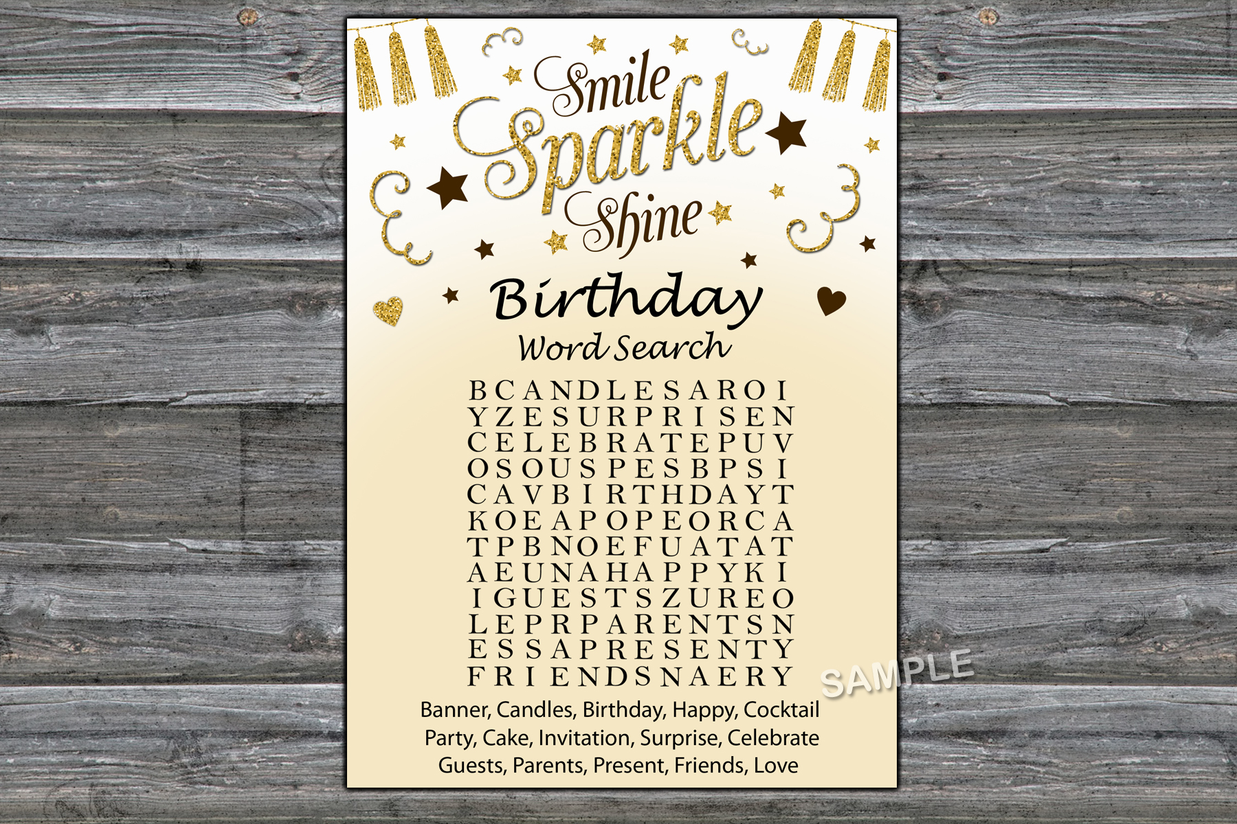 Sparkle and shine Birthday Word Search Game,Adult Birthday p - Inspire ...