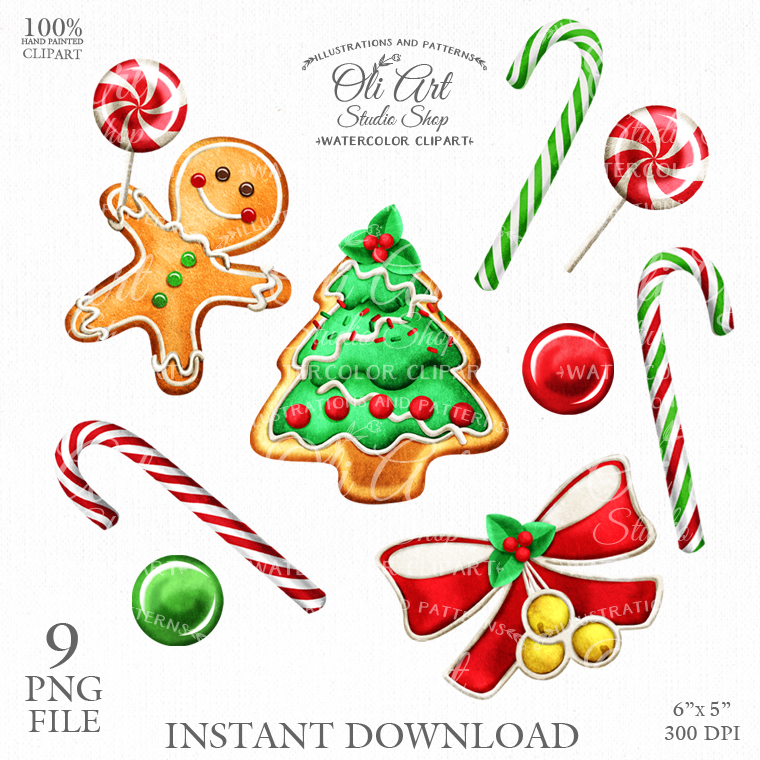 Merry Christmas Set Clip Art. Gingerbread, Lollypop, Tree. H | Inspire ...