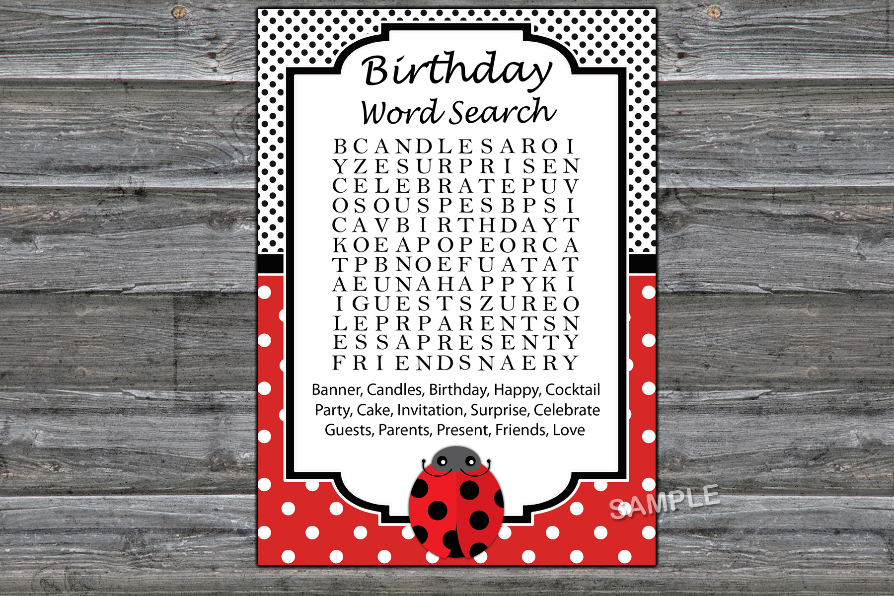 Ladybug Birthday Word Search Game,Adult Birthday party game- | Inspire ...