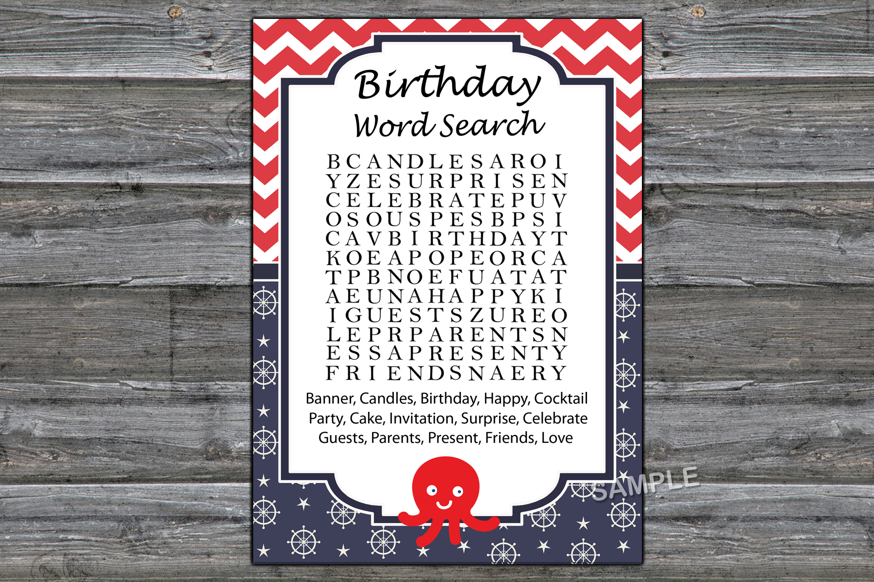 Octopus Birthday Word Search Game,Adult Birthday party game- - Inspire ...
