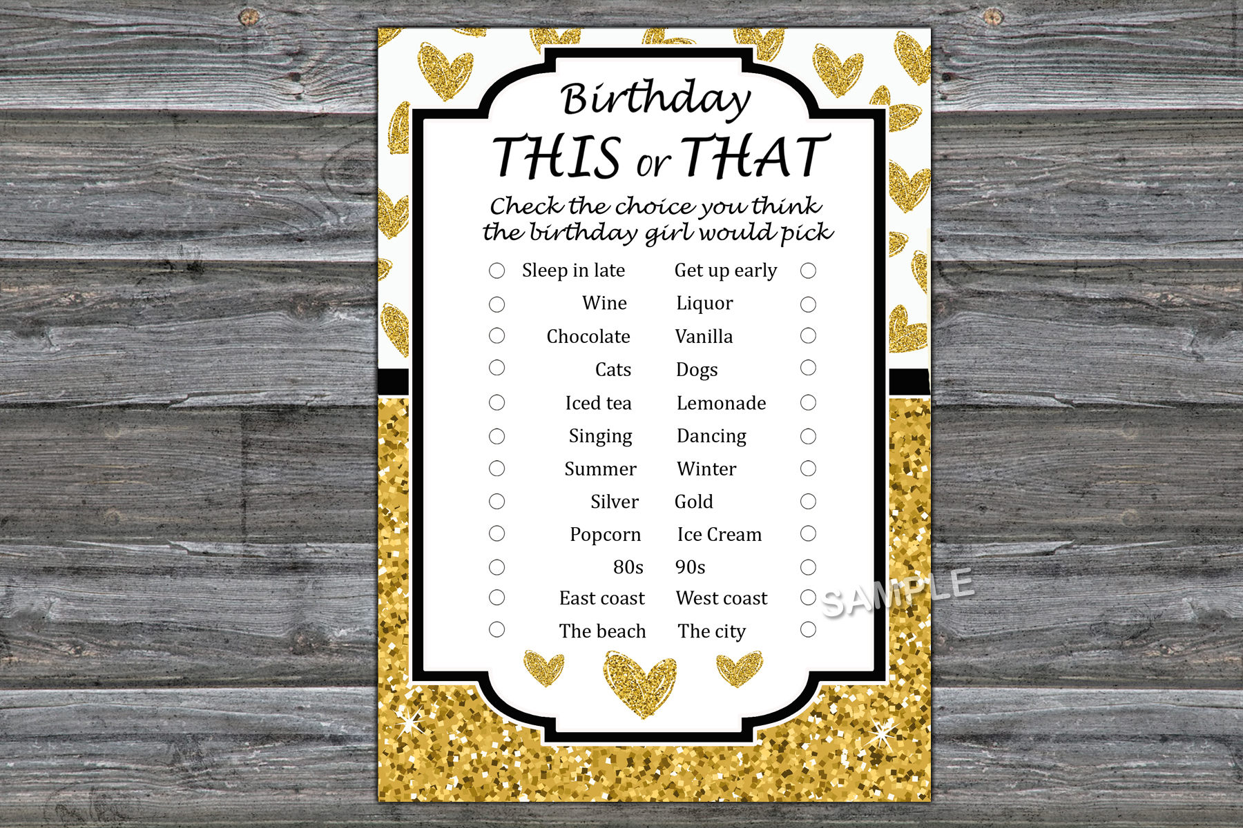 Gold glitter heart Birthday This or that game,Adult Birthday - Inspire ...