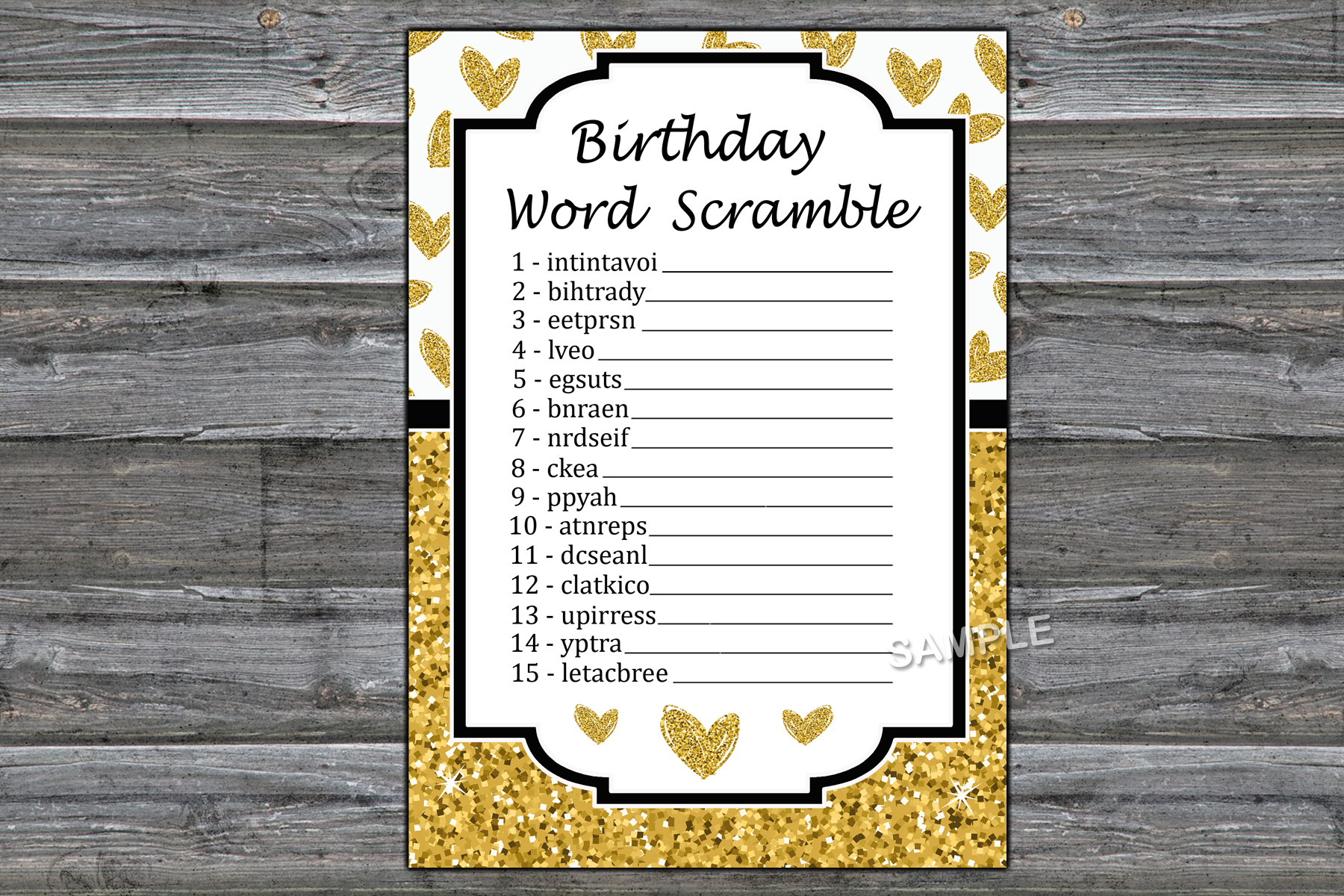 Gold glitter heart Birthday Word Scramble Game,Adult Birthda - Inspire ...