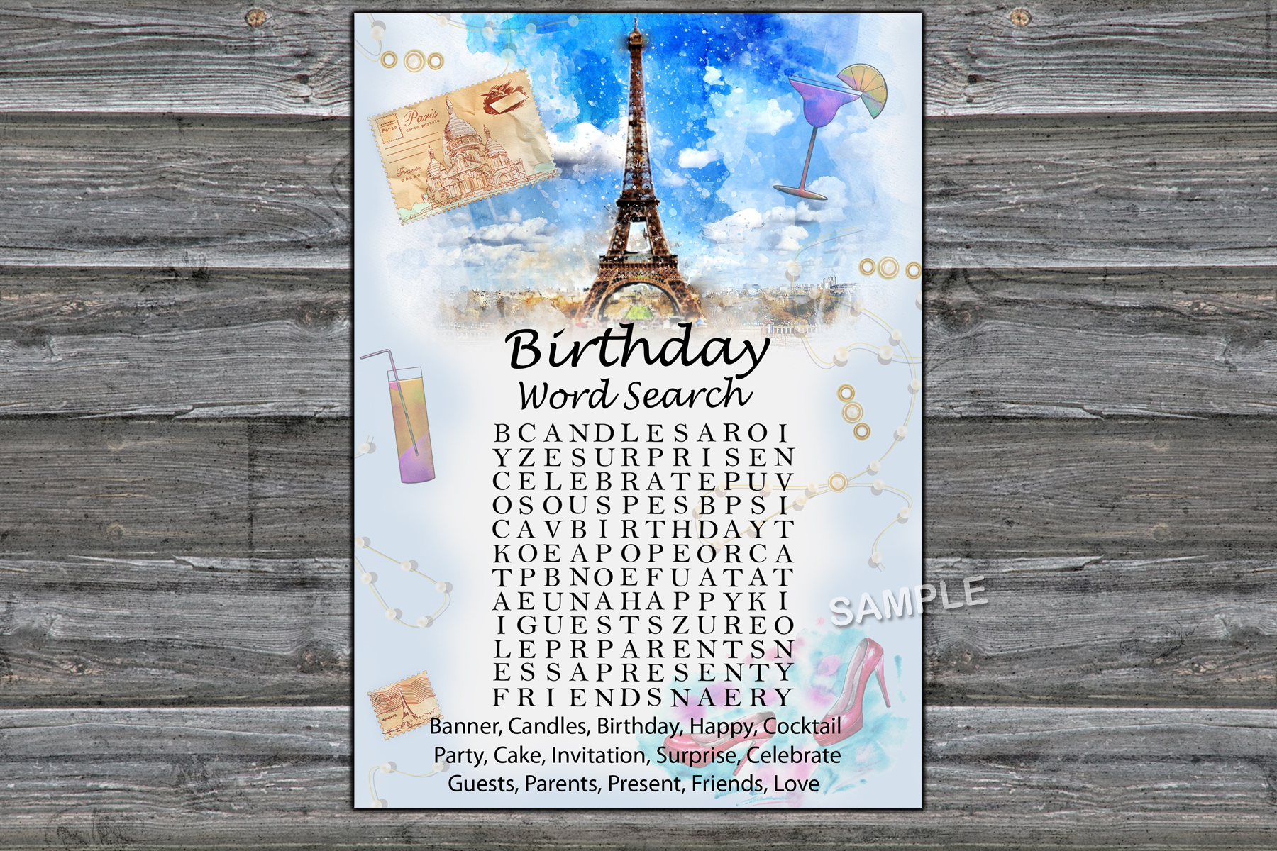 Paris themed Birthday Word Search Game,Adult Birthday party | Inspire ...