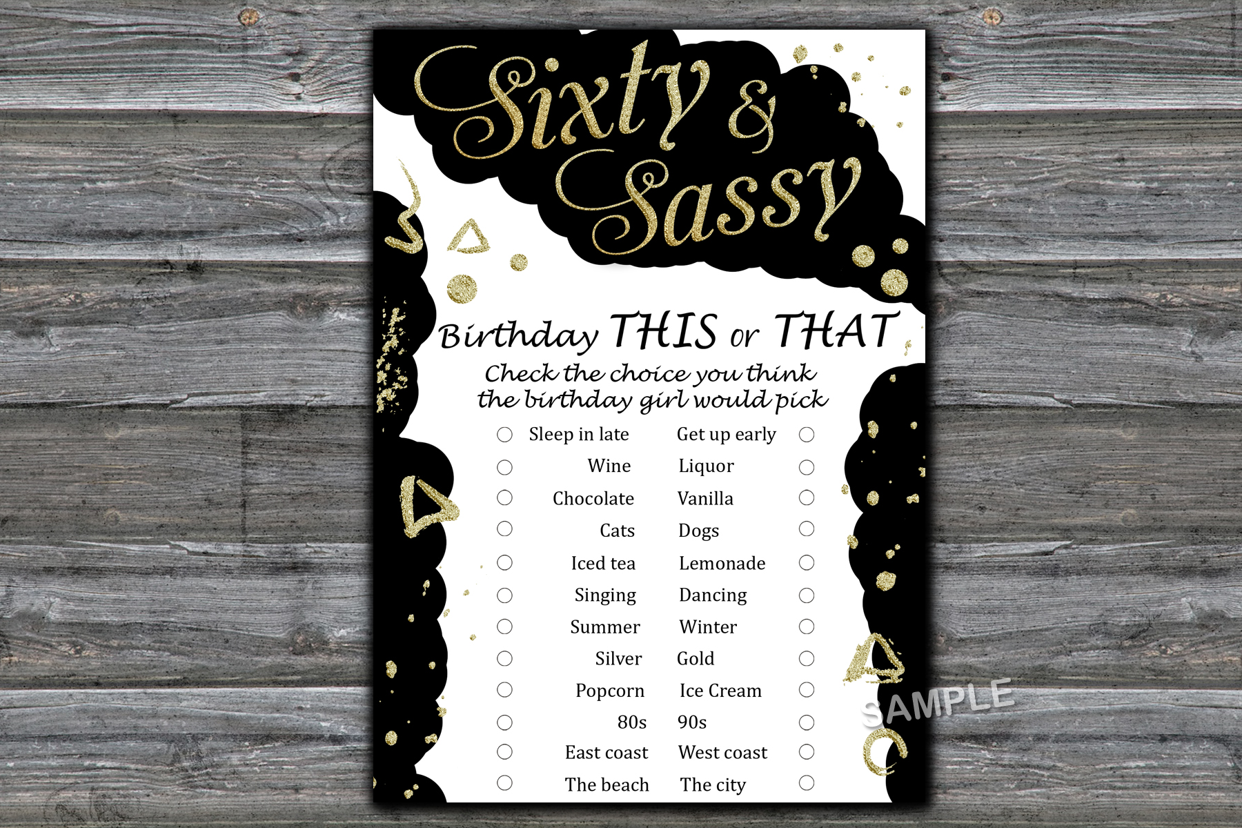 Sixty and Sassy Birthday This or that game,Adult Birthday pa | Inspire ...