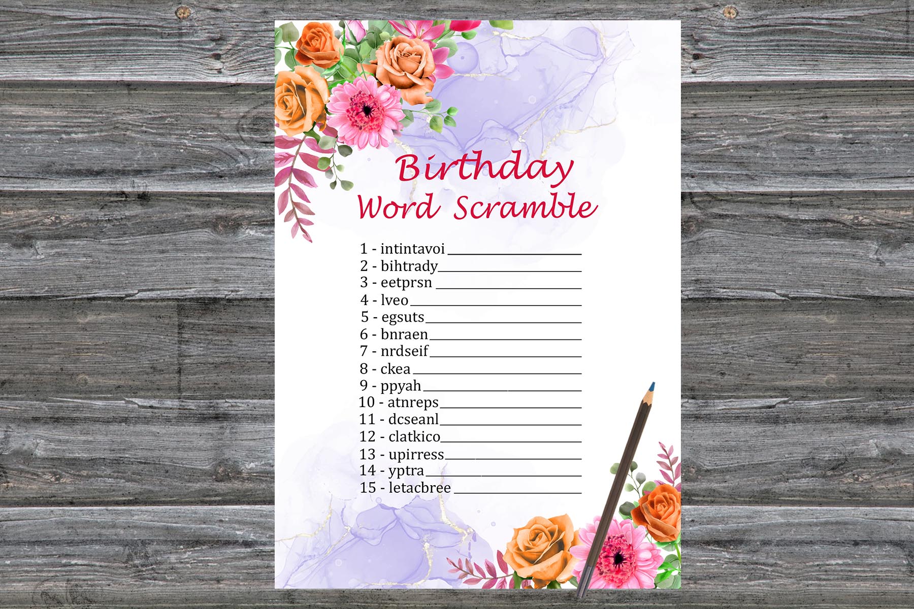 Flowers Birthday Word Scramble Game,Adult Birthday party gam - Inspire ...