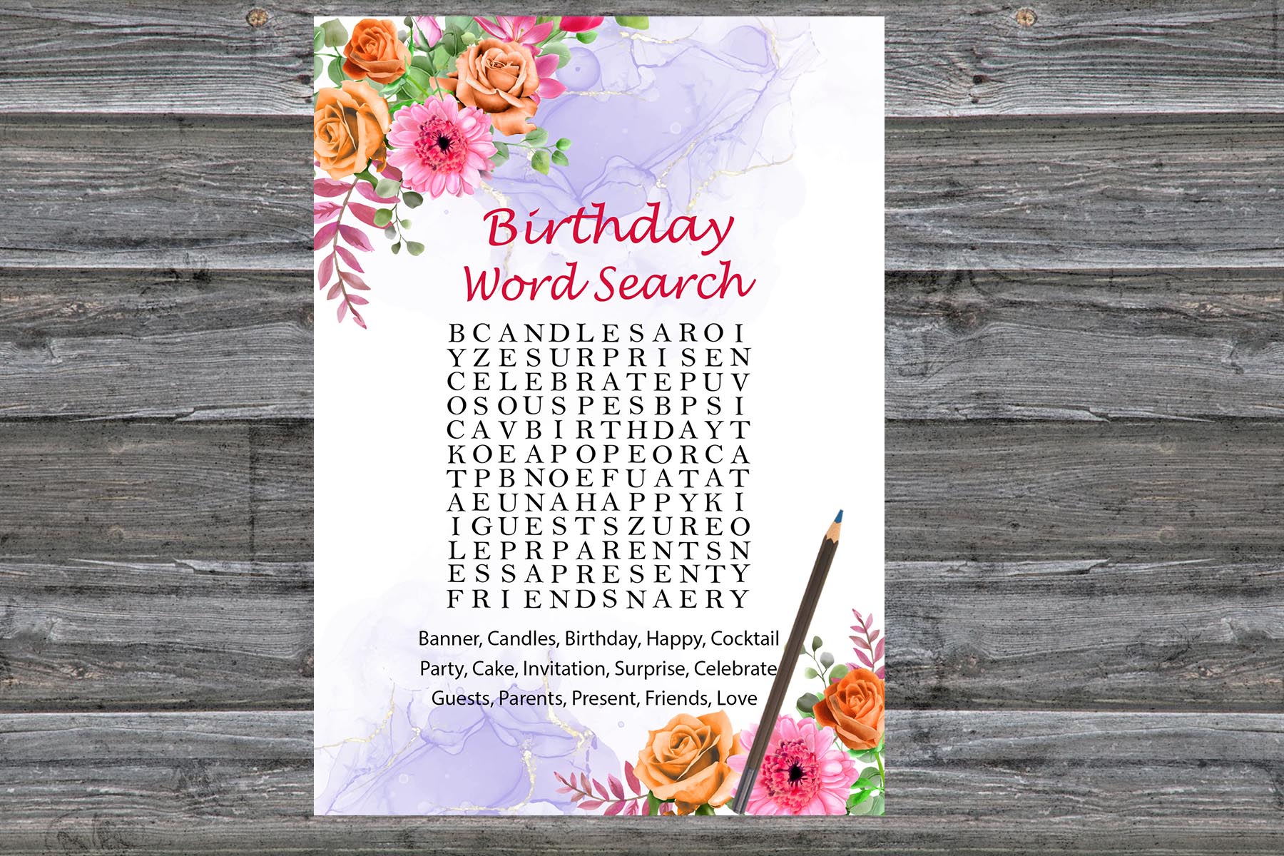 Flowers Birthday Word Search Game,Adult Birthday party game- | Inspire ...