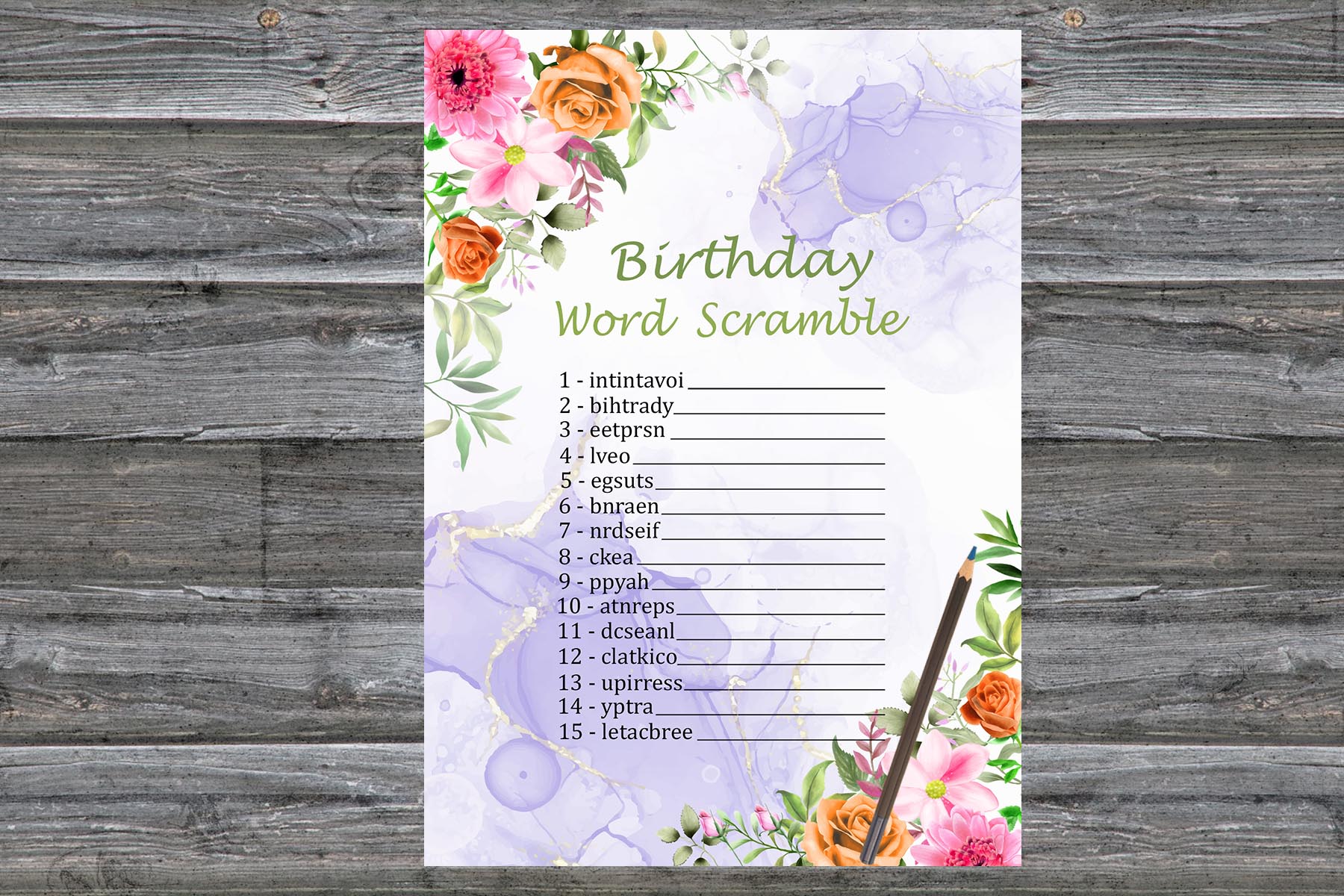 Pink Flowers Birthday Word Scramble Game,Adult Birthday part - Inspire ...