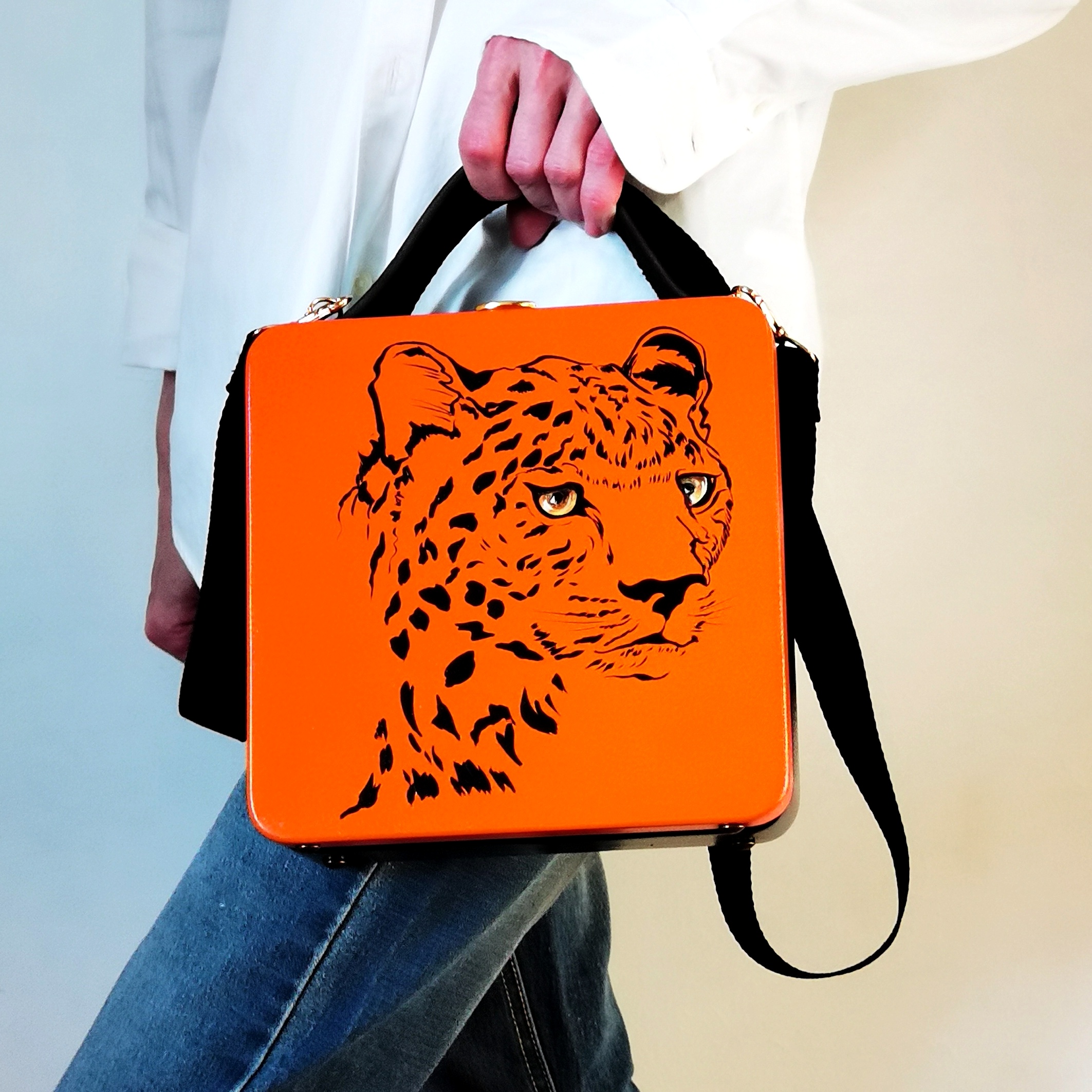 Leopard orange handbag made of wood. Fashion print. Bag hand | Inspire ...