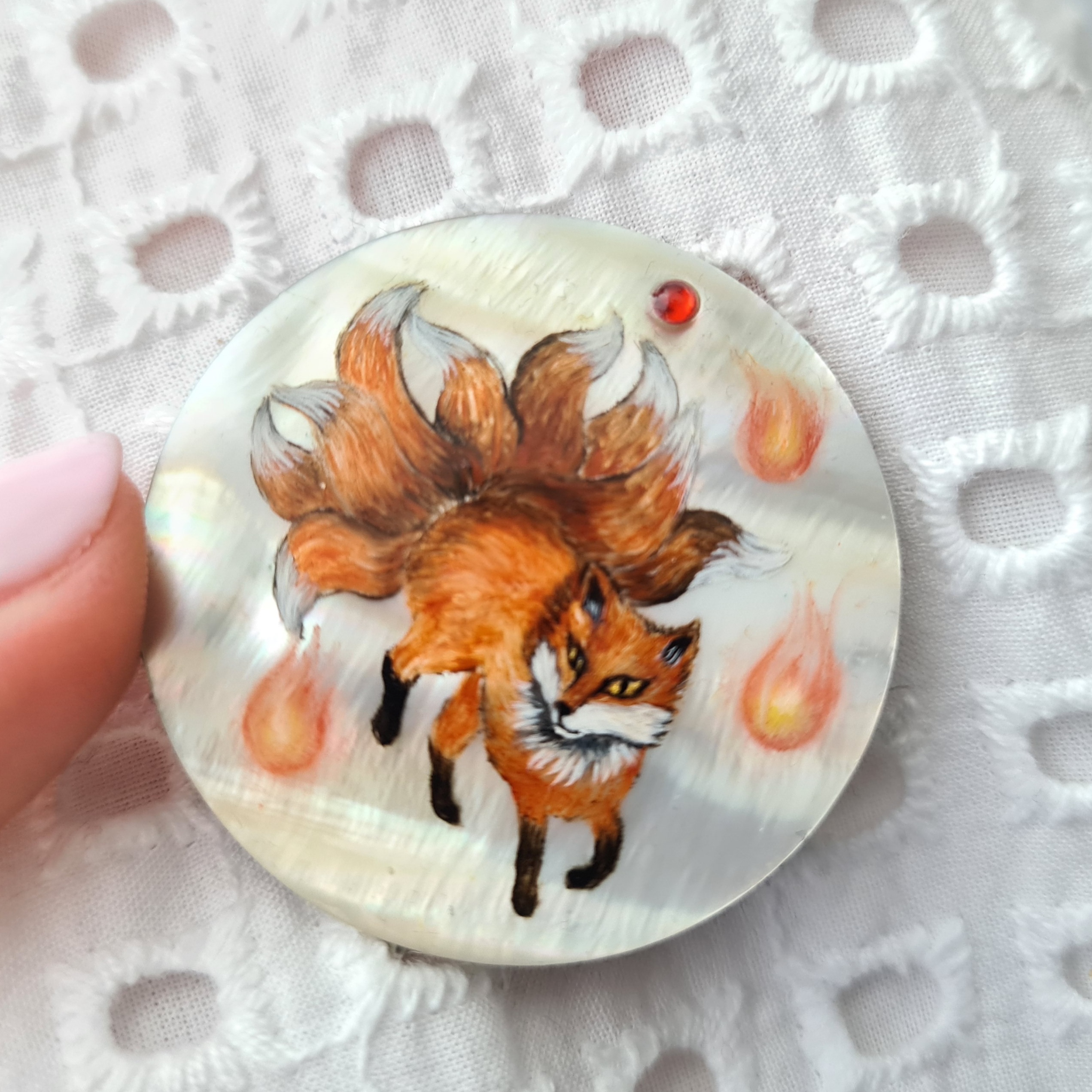 Kitsune brooch, real oil painting miniature on mother of pea | Inspire ...