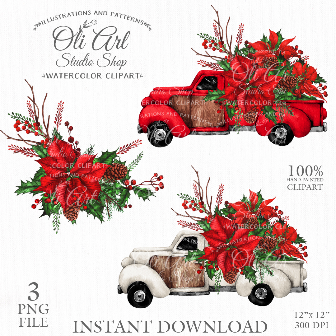 Merry Christmas Truck Digital Clip Art. Poinsettia, Hand Dra | Inspire ...