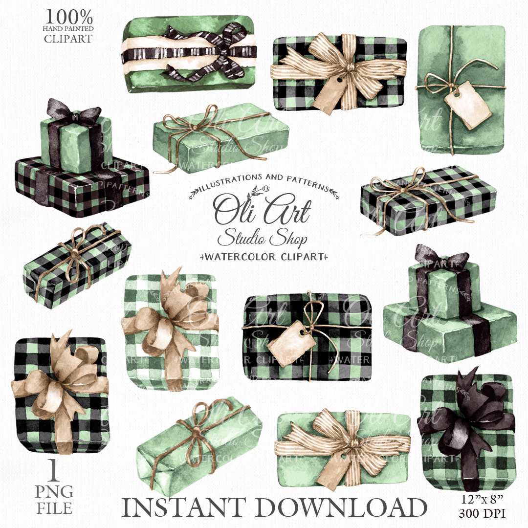 Merry Christmas Green Gifts Digital Clip Art, Hand Drawn Gra | Inspire ...