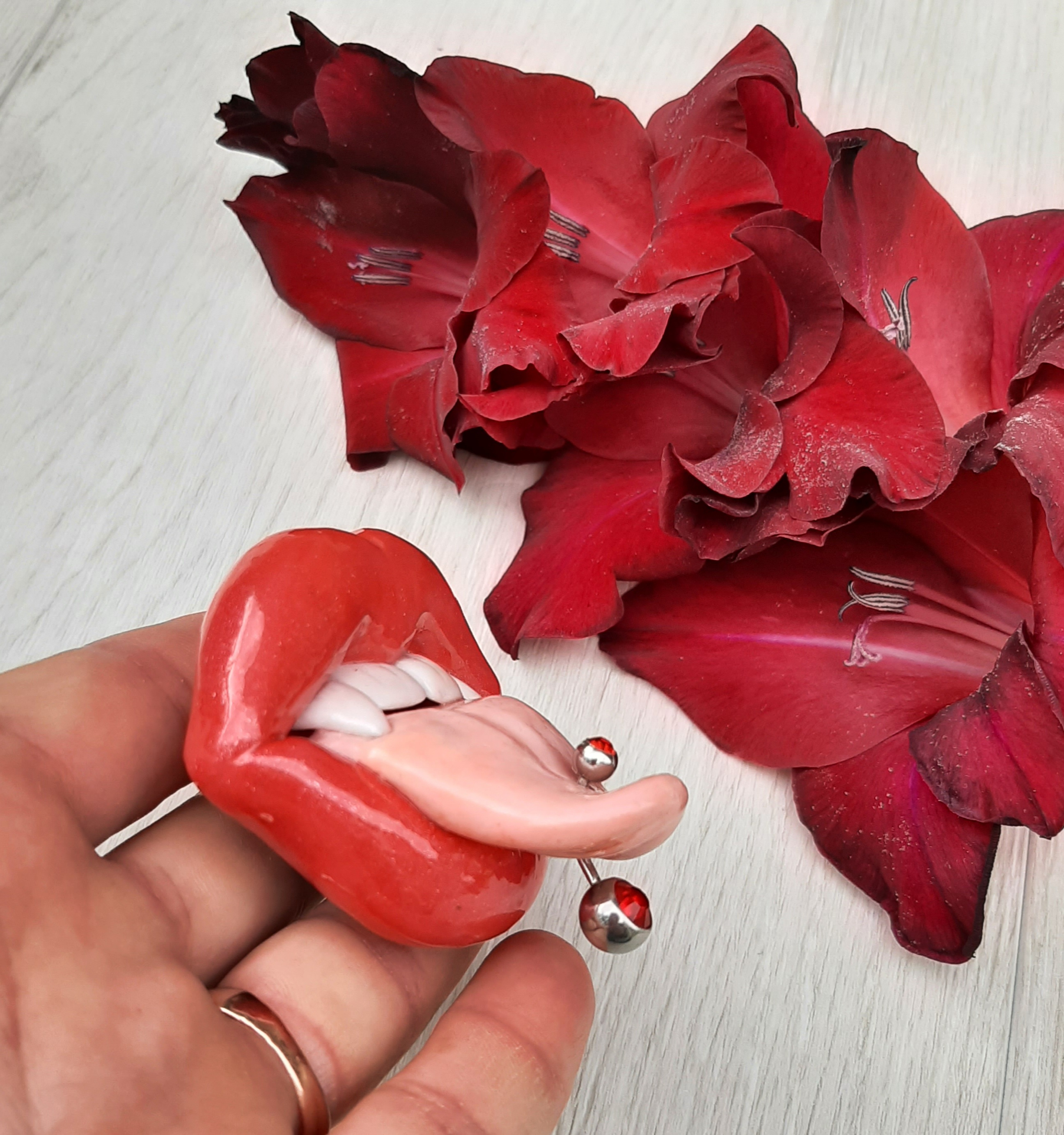 Lip brooch.Brooch with tongue.Piercing for tongue. | Inspire Uplift