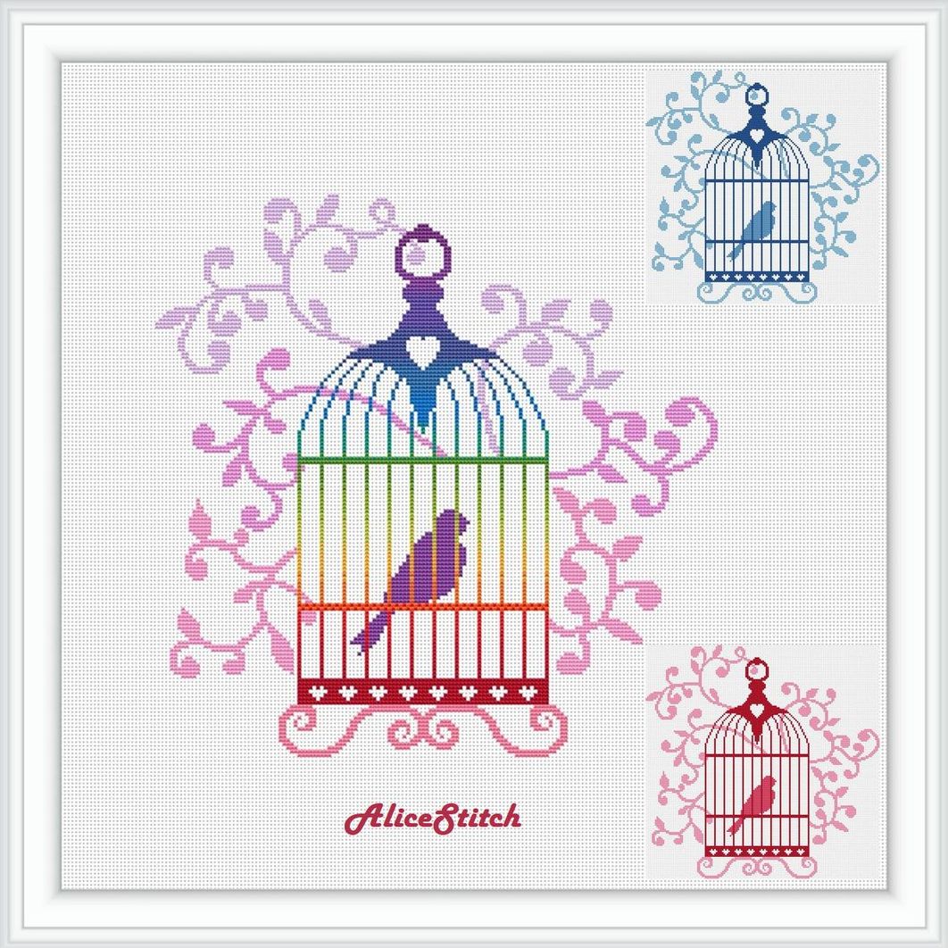 Cross stitch pattern Bird Cage Rainbow Ornament abstract | Inspire Uplift