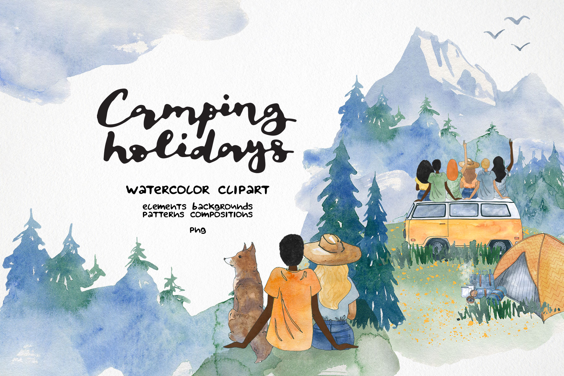 watercolor camping travel clipart, mountain landscape png - Inspire Uplift