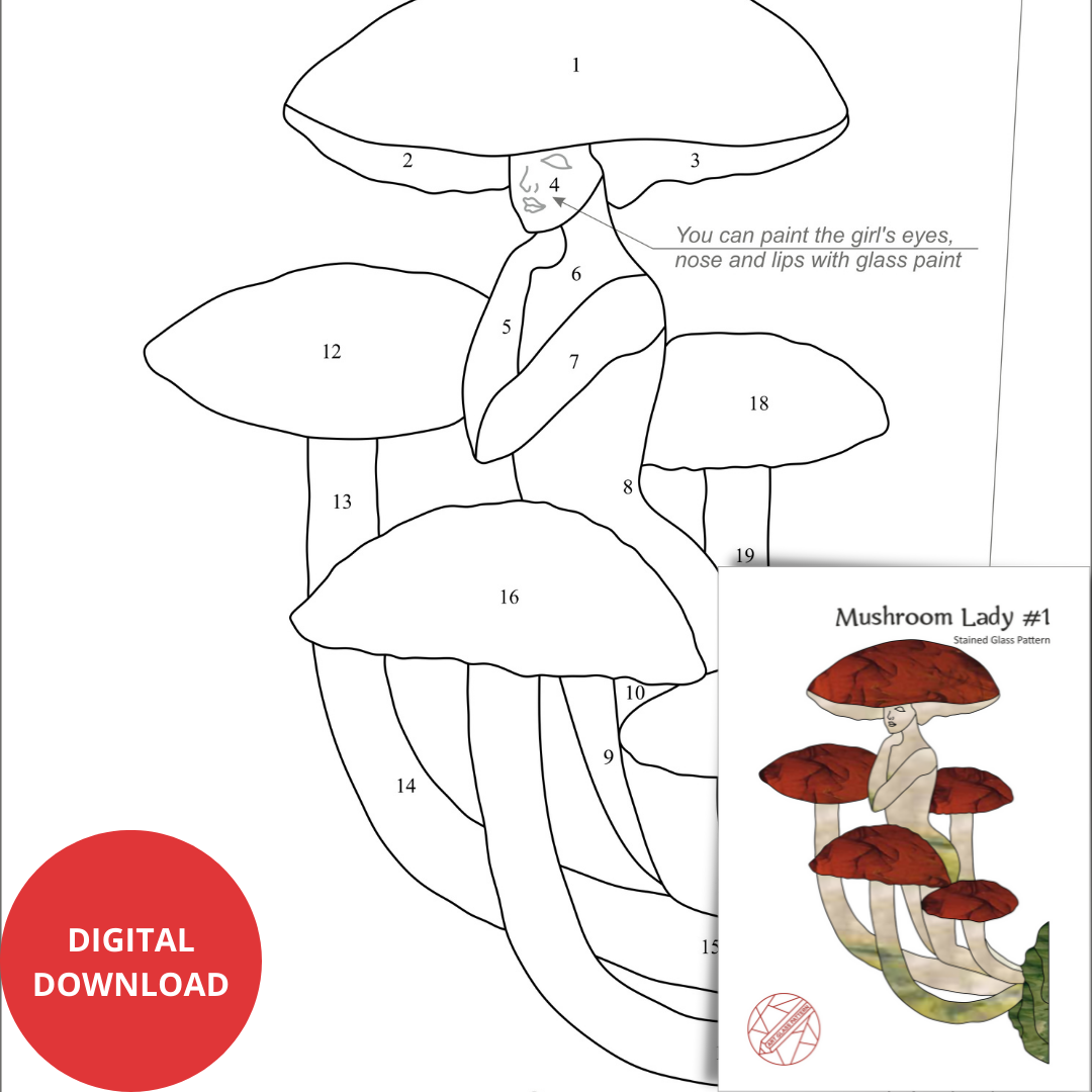 Mushroom Lady Stained Glass Patterns Digital Download, PDF - Inspire Uplift